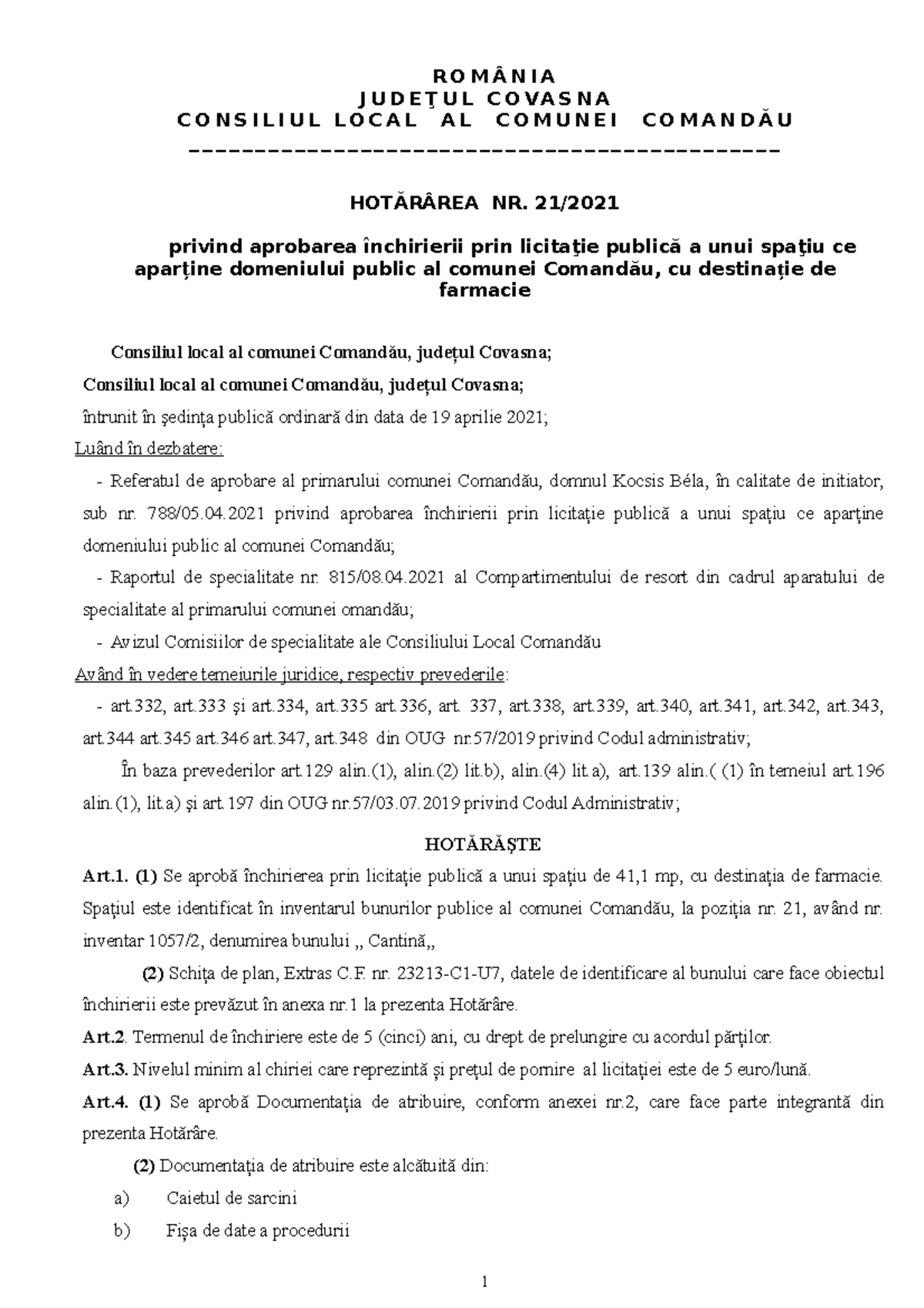 HOTARARE CONSILIUL LOCAL - R O M Â N I A J U D E Ţ U L C O V A S N A C O N S I L I U L L O C A L ...