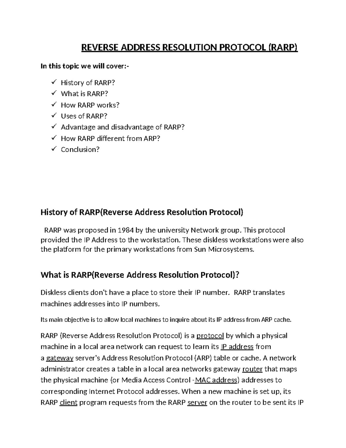 Networking assignment doc - REVERSE ADDRESS RESOLUTION PROTOCOL (RARP ...