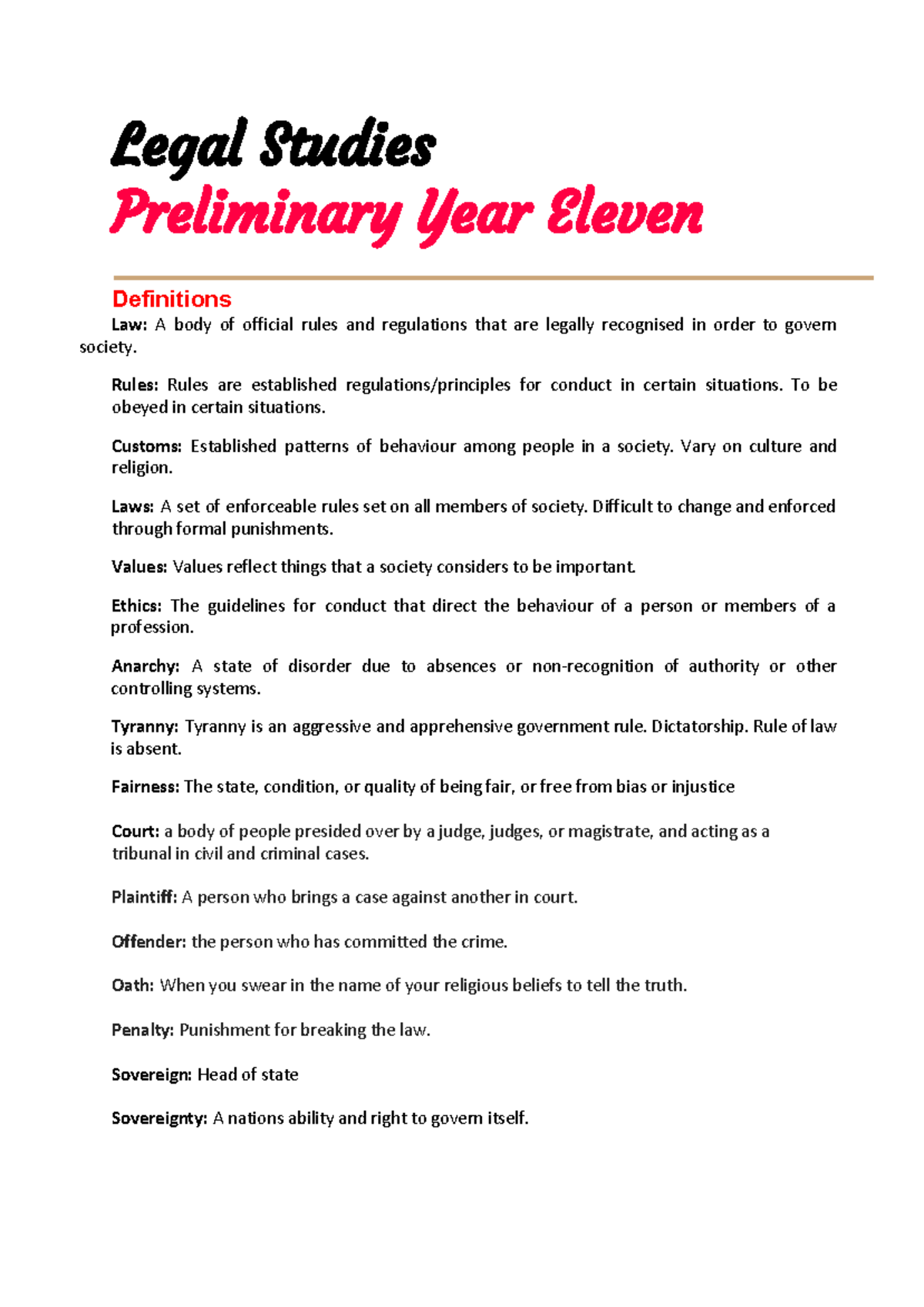 Legal prelim notes 1 - Legal Studies Preliminary Year Eleven ...