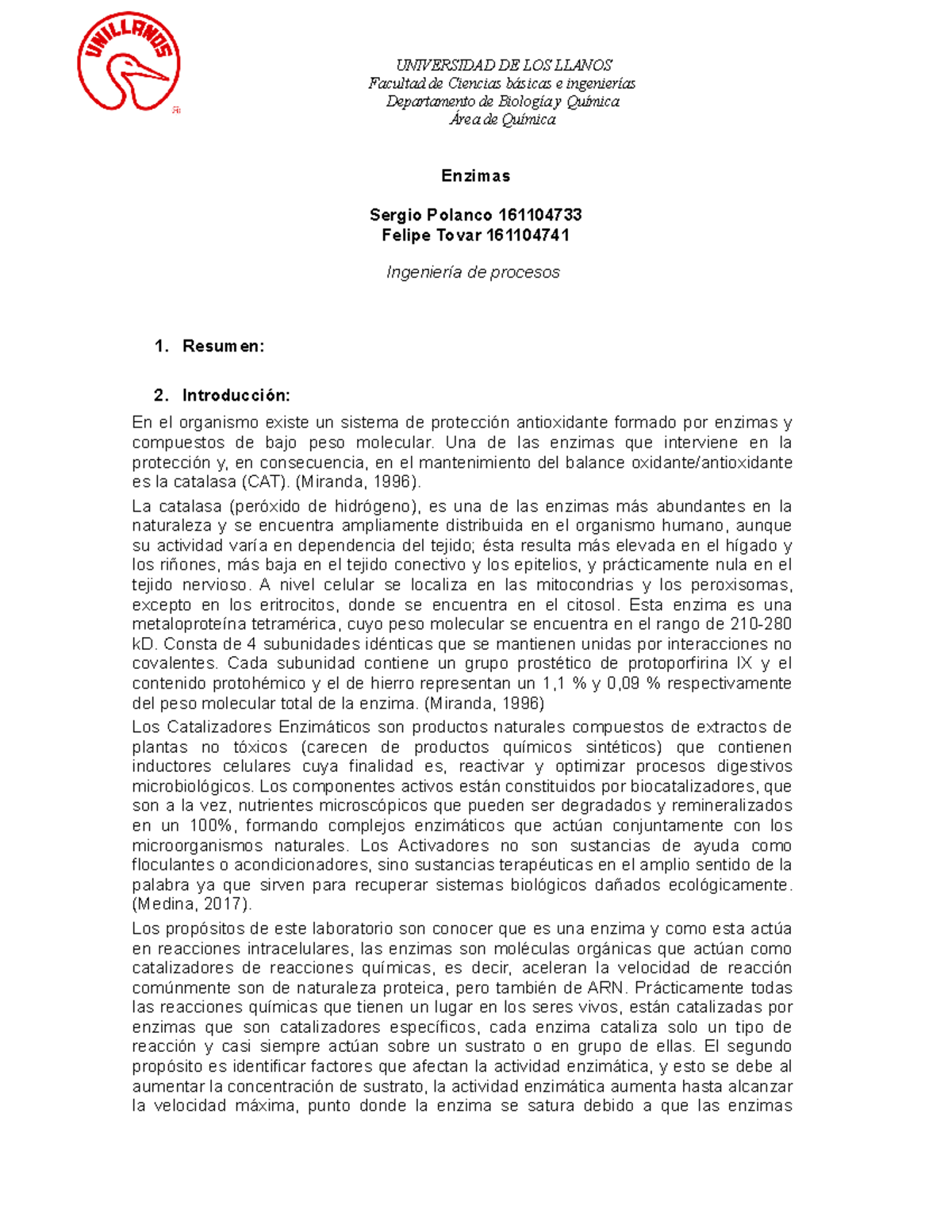 Informe enzimas - biologia - UNIVERSIDAD DE LOS LLANOS Facultad de Ciencias básicas e ...