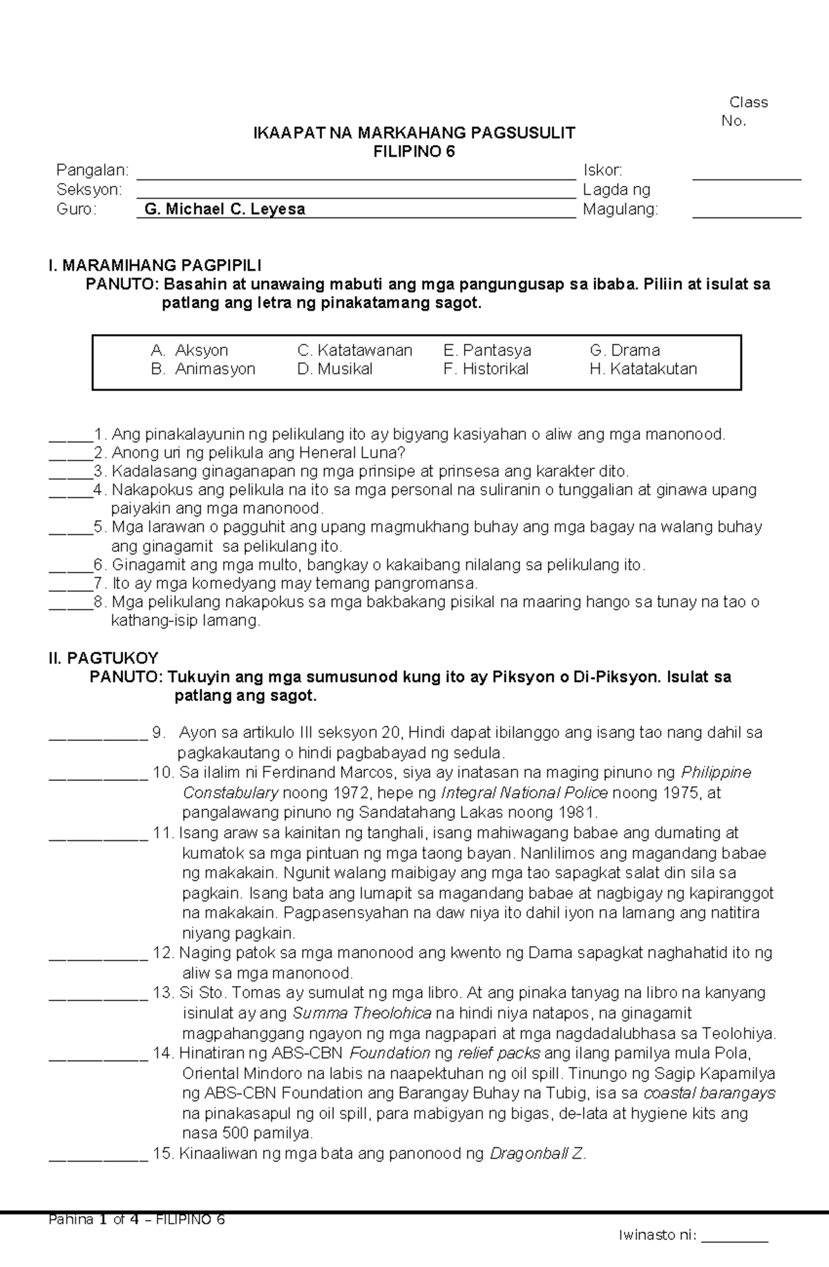 Filipino 6 Exam - Iwinasto ni: __________ IKAAPAT NA MARKAHANG ...