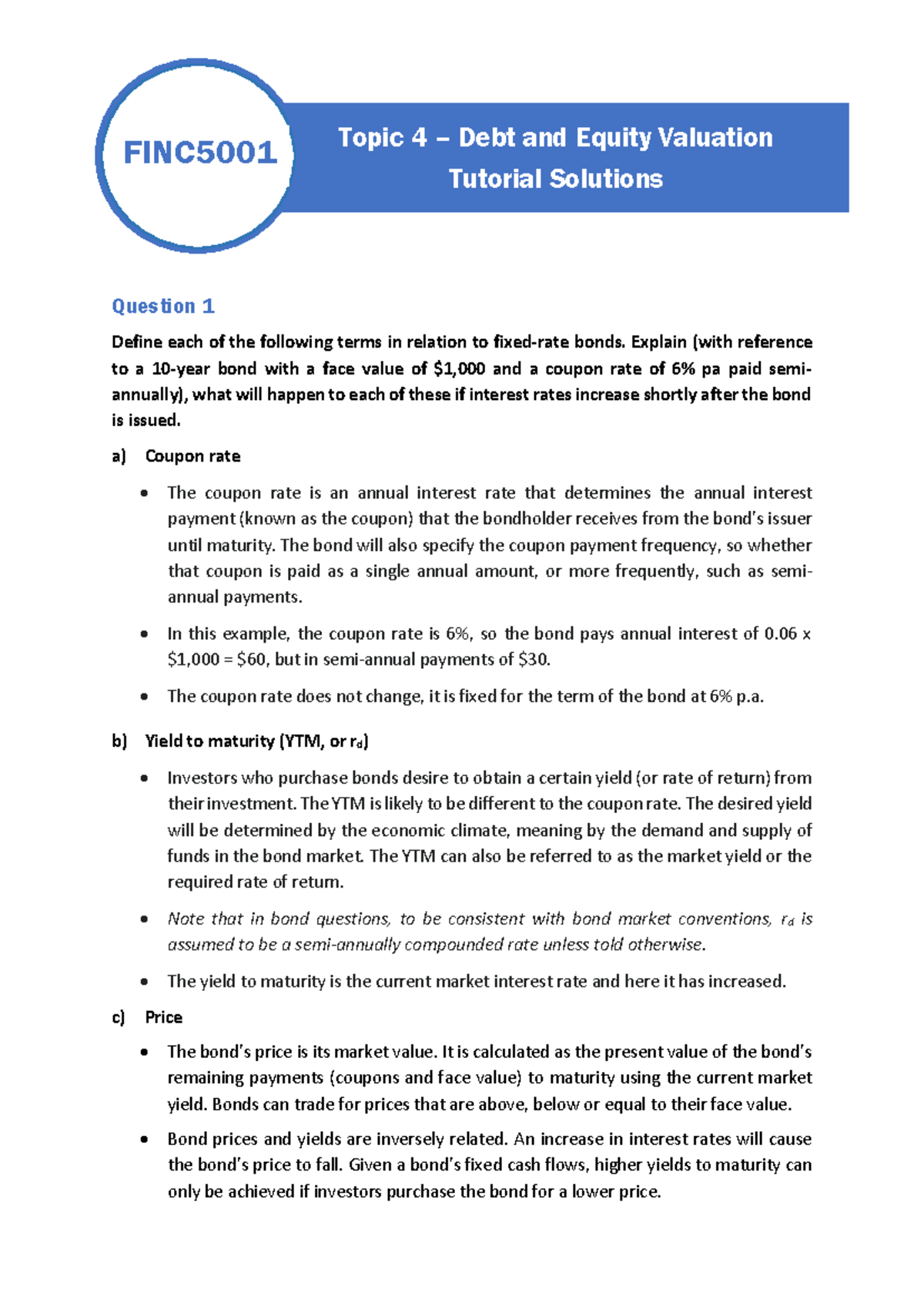 Topic 4 Tutorial Solutions - Topic 4 – Debt and Equity Valuation ...