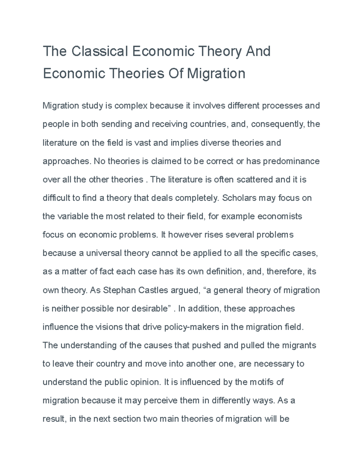 The Classical Economic Theory And Economic Theories Of Migration - The ...