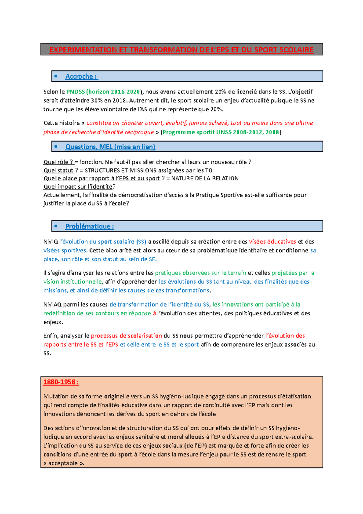 E1 - Bloc argumentaire - Le sport scolaire - EXPERIMENTATION ET ...