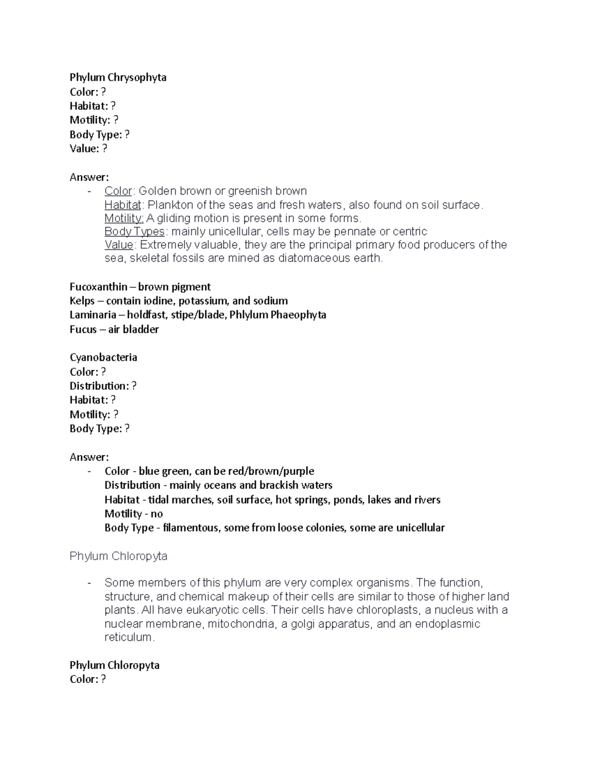Bio Phylums - Lecture notes from Bio Lab/class - Phylum Chrysophyta ...