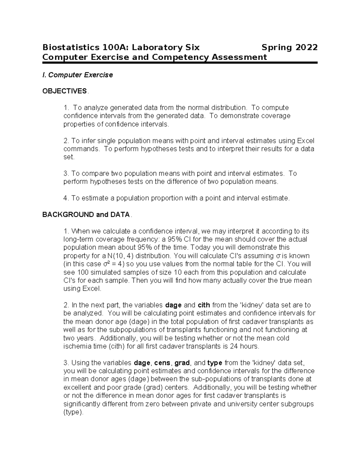 Lab 6 in Excel (5) - Tagged - Computer Exercise and Competency Assessment I. Computer Exercise ...