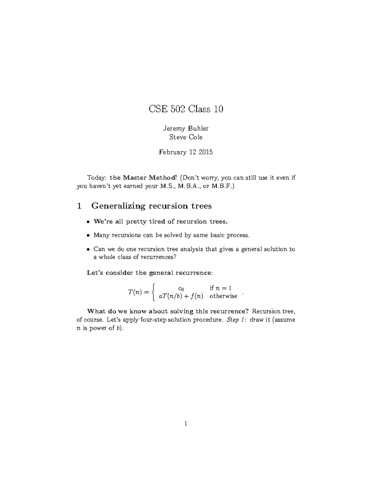 Cse502 2014 2015 Lecture Notes 10 Binary Search Master Method Cse 502 Class 10 Jeremy