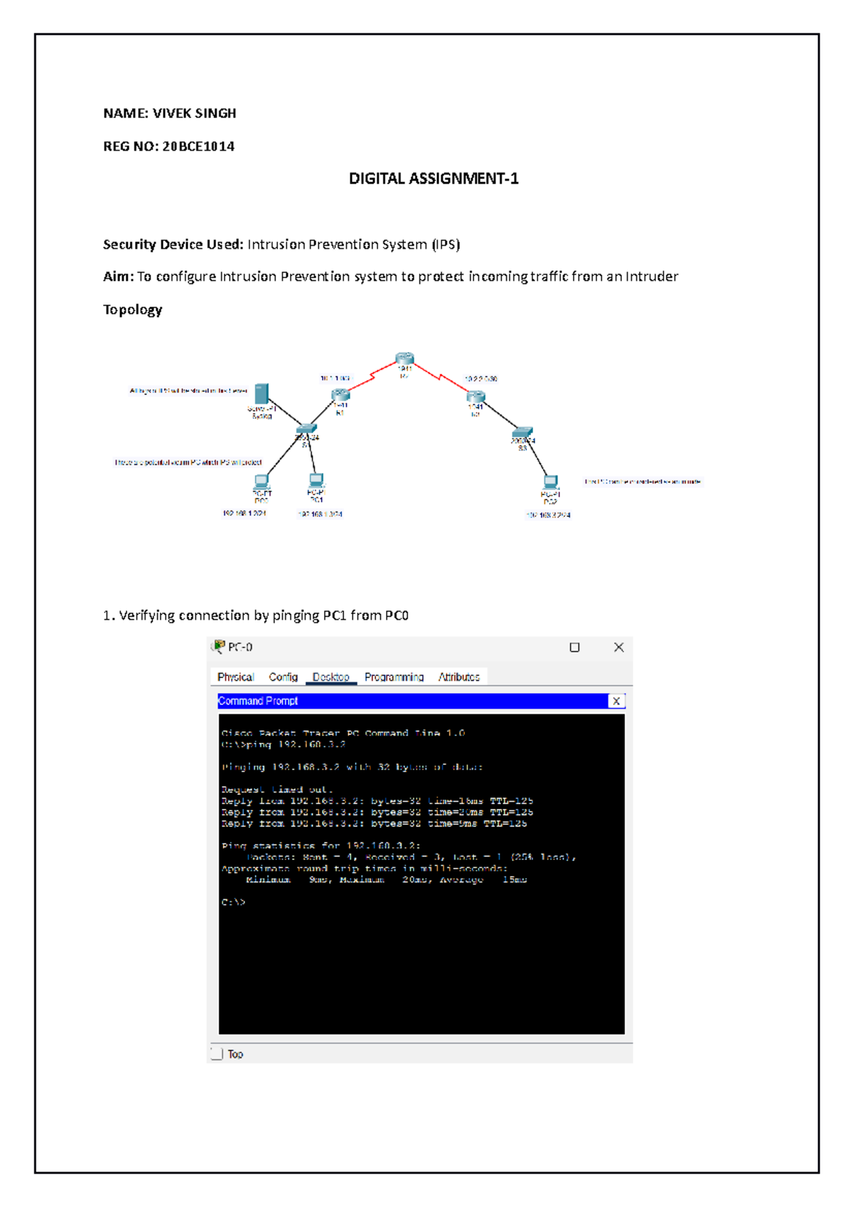DA1-ISM - Assignment was to configure an Intrusion Prevention System in Cisco Packet Tracer ...