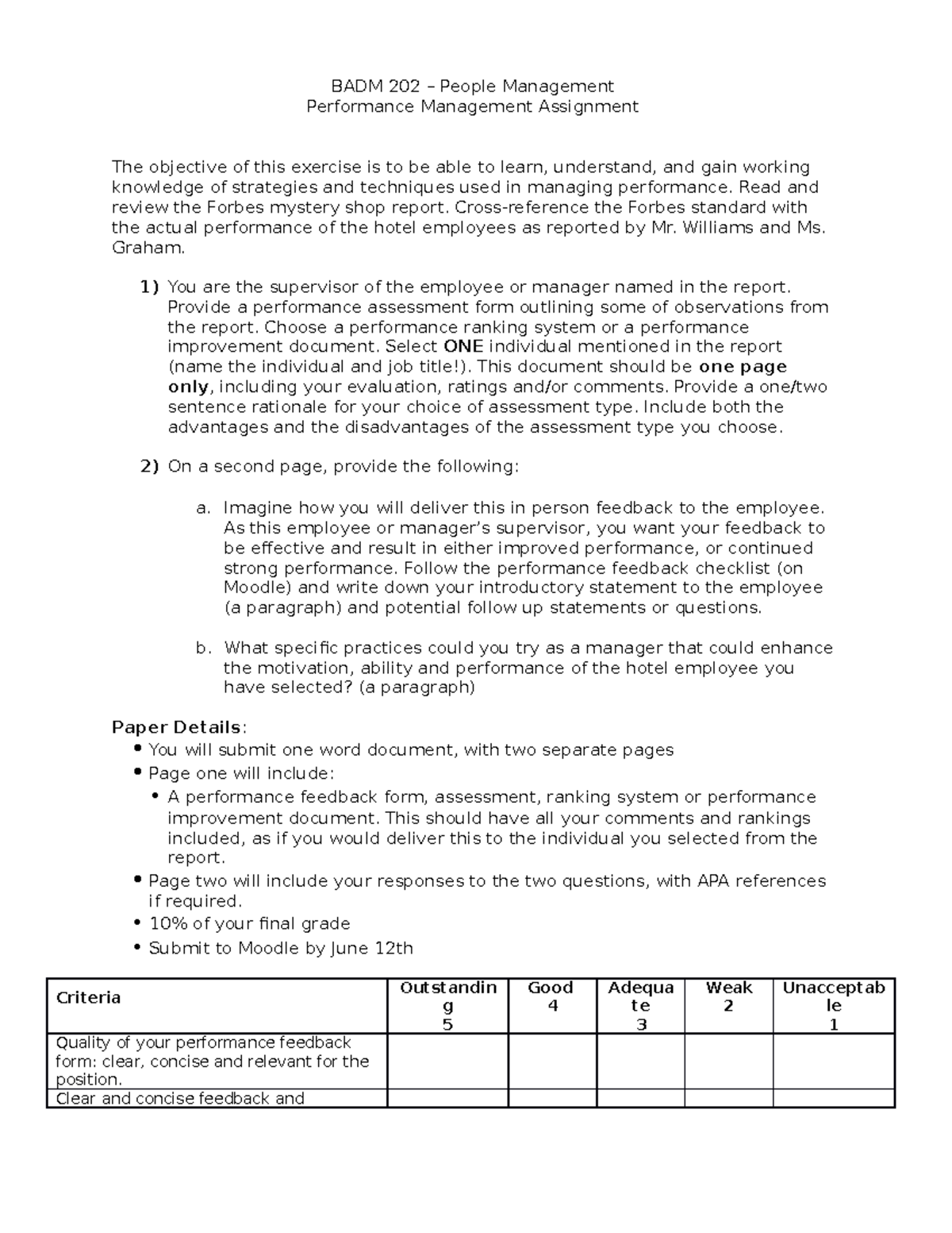 BADM 202 - Performance Management Assignment - BADM 202 – People ...