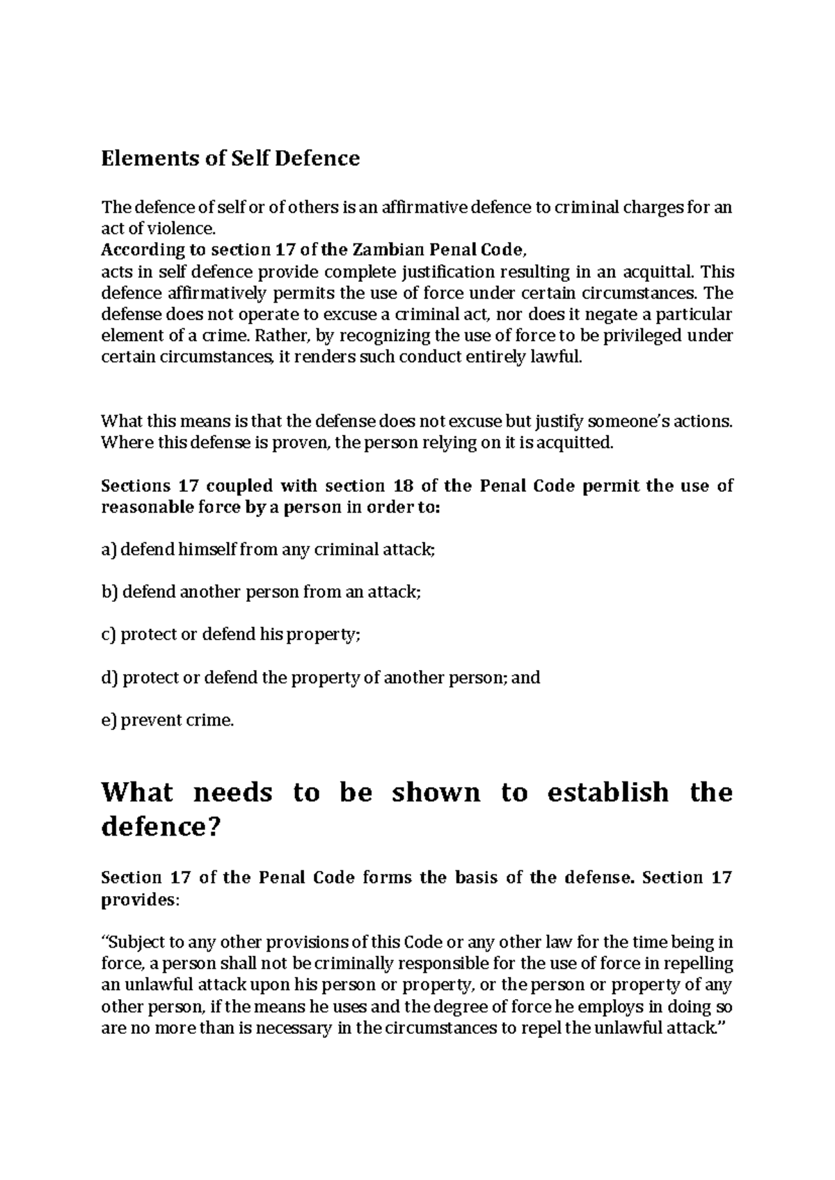 Self defense and provocation notes 2 - Elements of Self Defence The ...