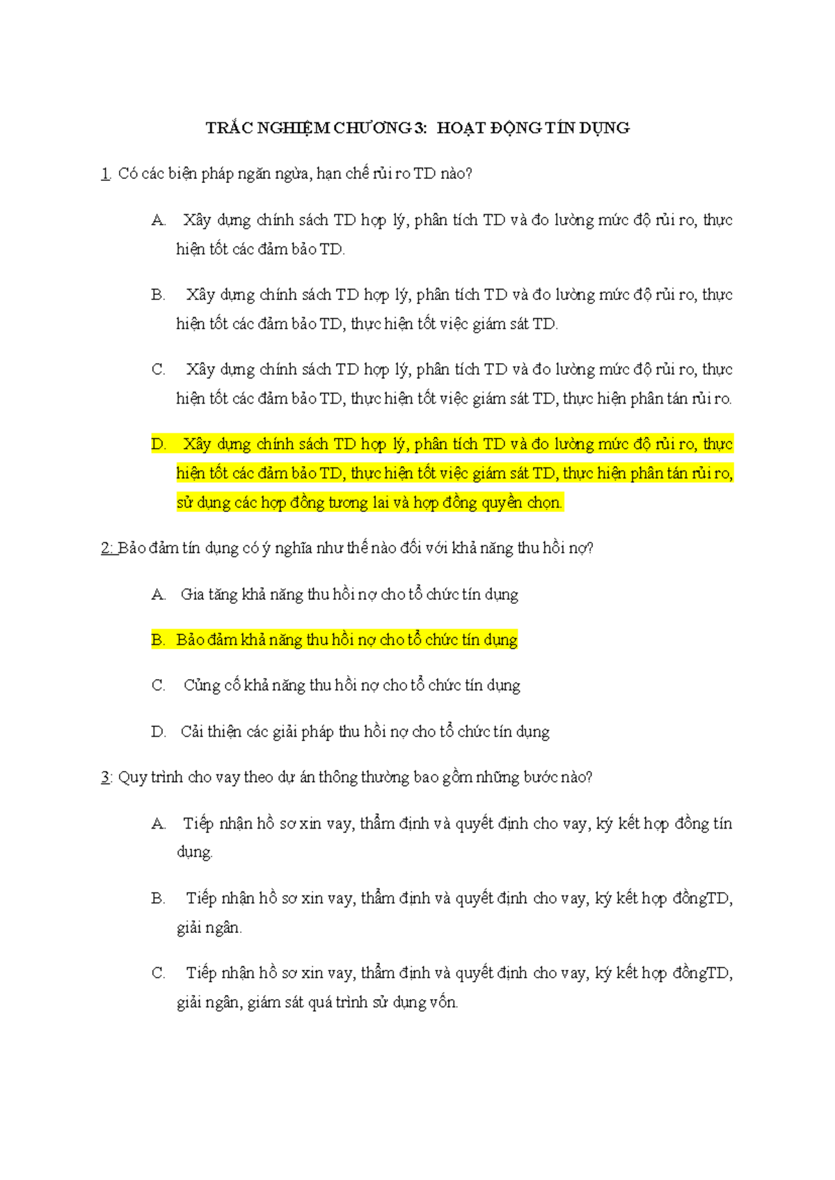 On tap hdkdnh - fjfjfj - TRẮC NGHIỆM CHƯƠNG 3: HOẠT ĐỘNG TÍN DỤNG Có ...