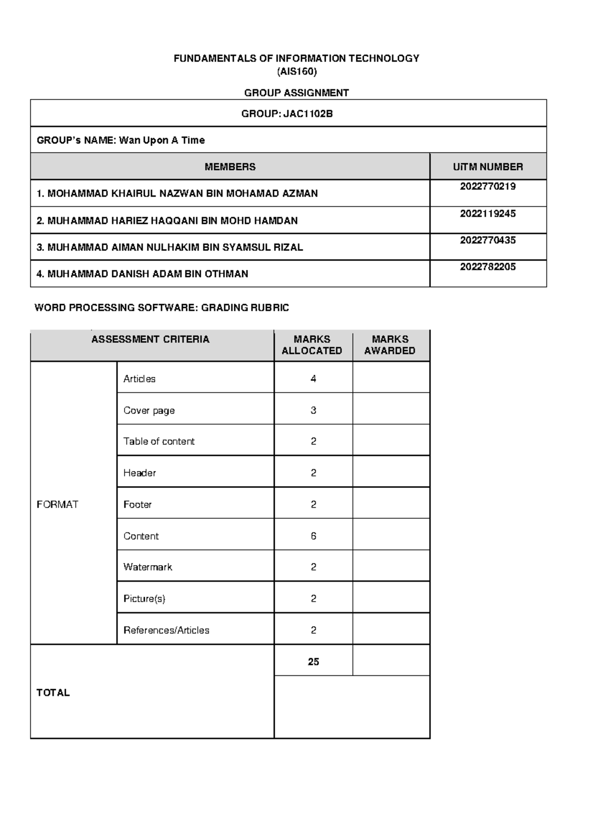 AIS160 Rubrics - FUNDAMENTALS OF INFORMATION TECHNOLOGY (AIS160) GROUP ...