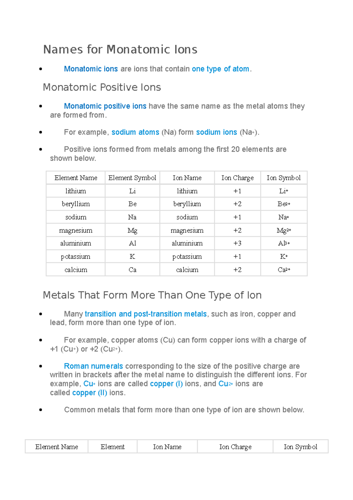 Understanding Ions - Middle school science - Names for Monatomic Ions ...