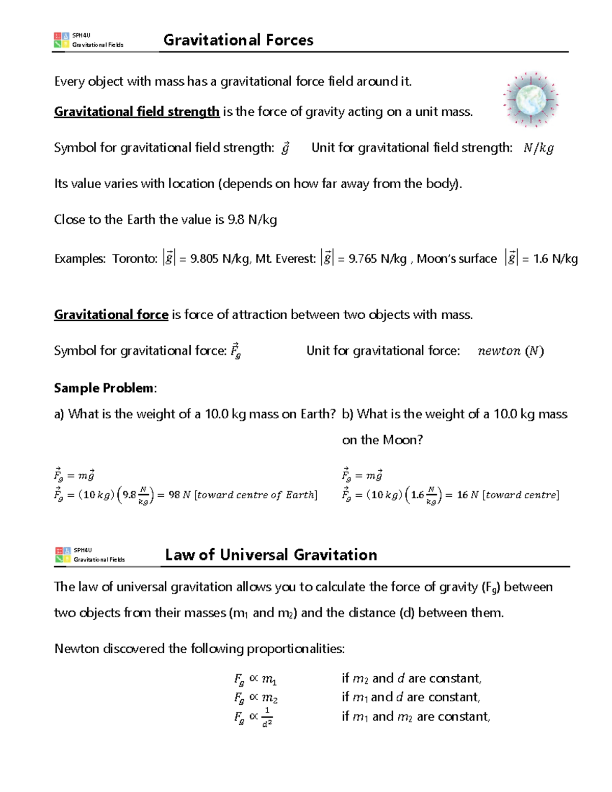 SPH4UE - Unit 4 Lesson Gravitational Fields - Every object with mass ...