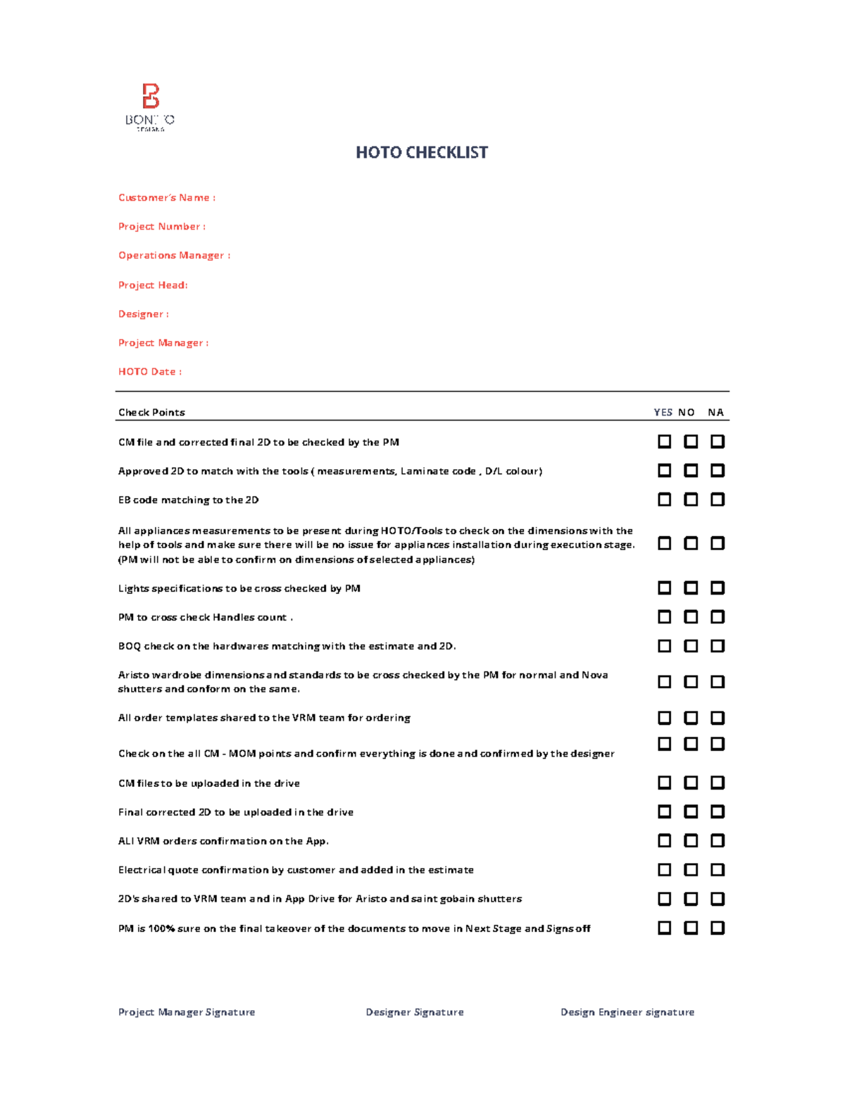 HOTO Checklist - ... - HOTO CHECKLIST Customer’s Name : Project Number ...