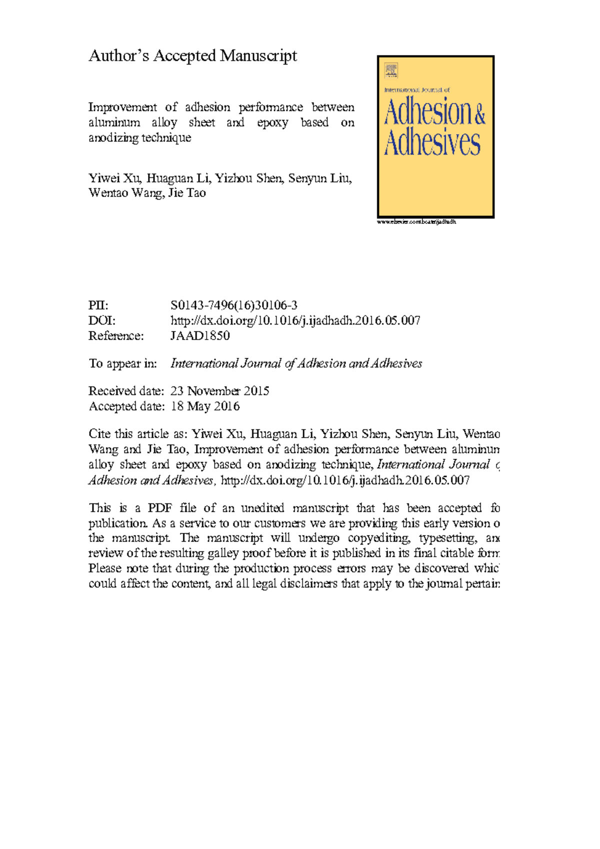 Xu2016 - excellent - Author’s Accepted Manuscript Improvement of ...