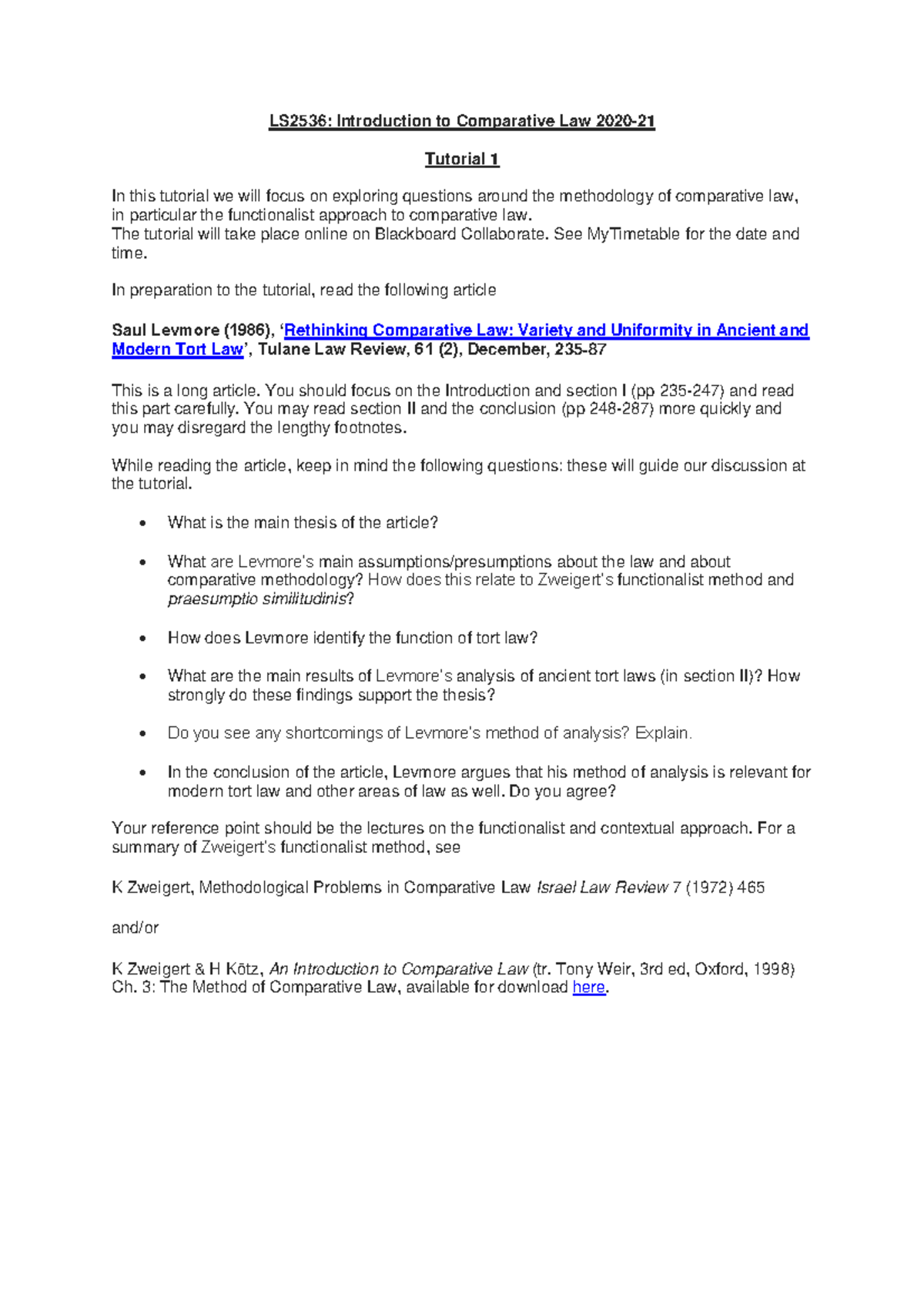 LS2536 Tutorial sheet 1 2021 - LS2536: Introduction to Comparative Law 2020- 21 Tutorial 1 In ...