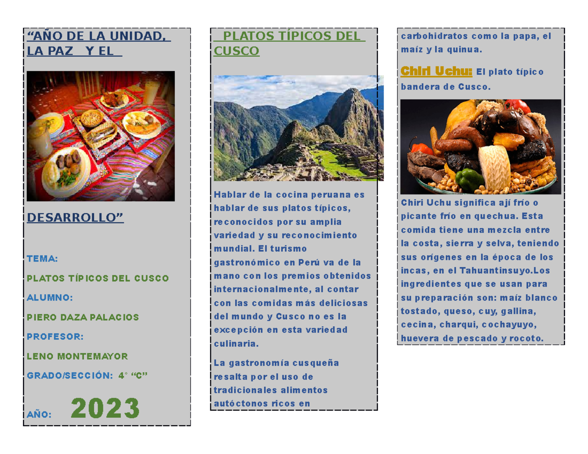 Triptico cusco - “AÑO DE LA UNIDAD, LA PAZ Y EL DESARROLLO” TEMA: PLATOS TÍPICOS DEL CUSCO ...