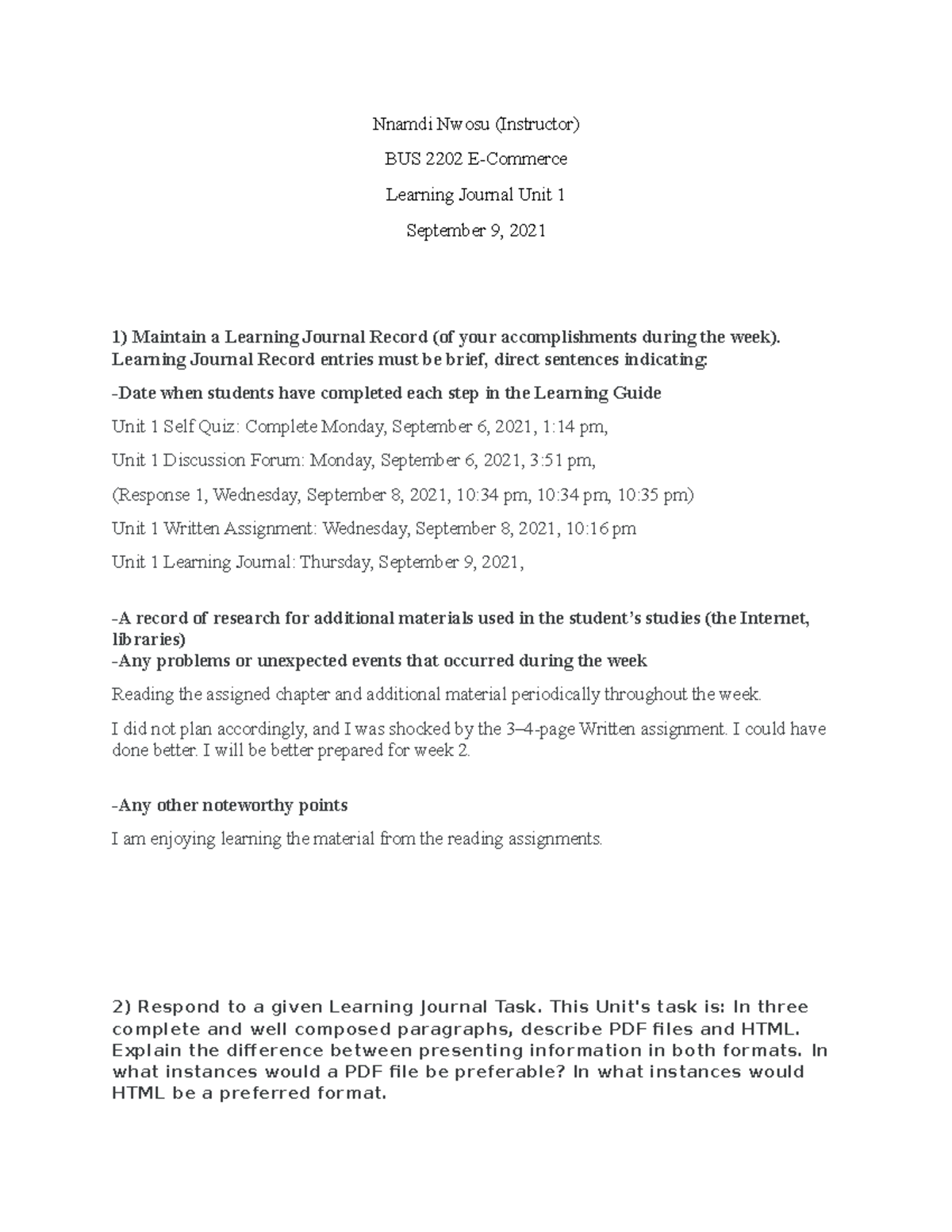BUS 2202 Learning Journal Unit 1 - Nnamdi Nwosu (Instructor) BUS 2202 E ...
