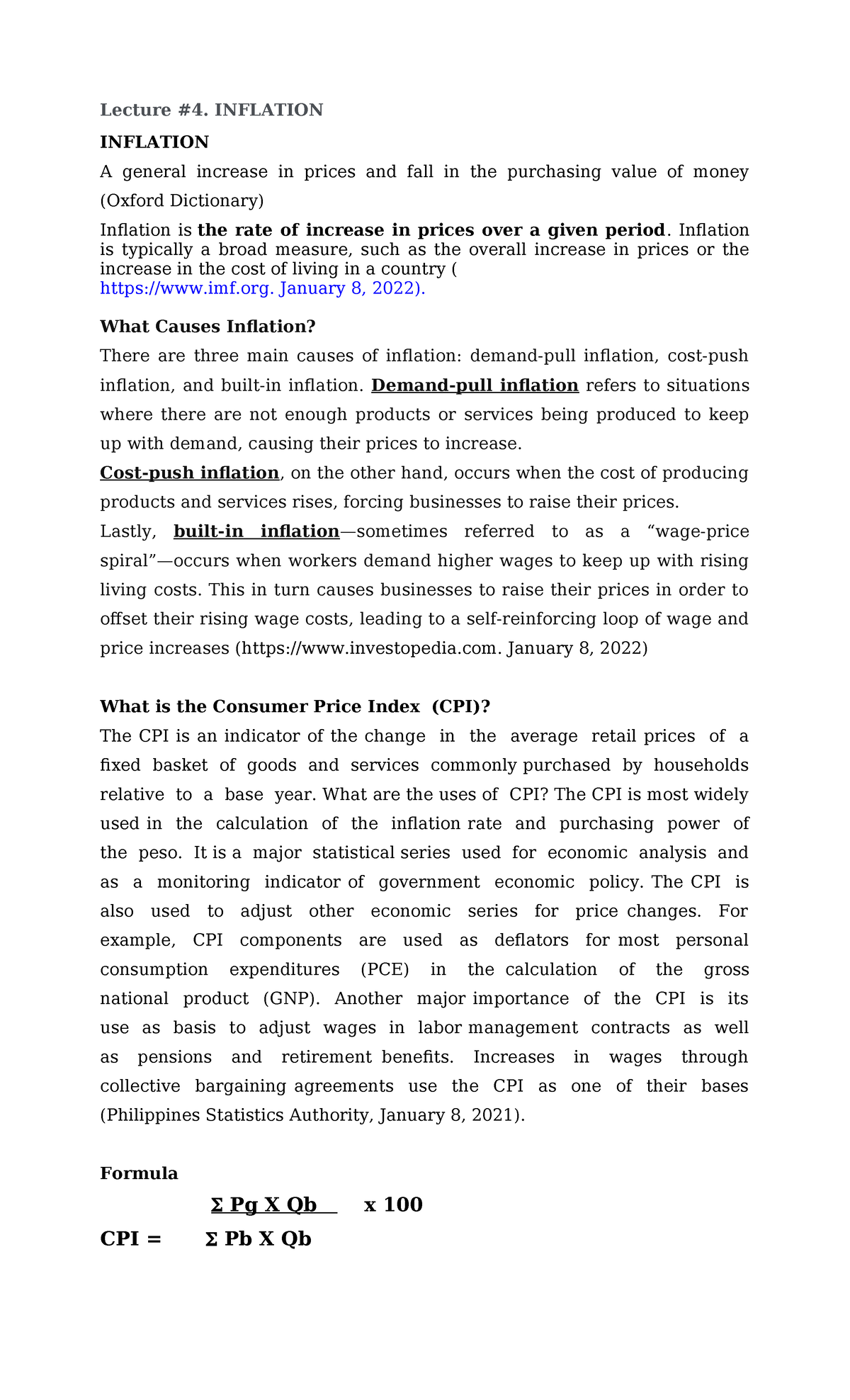 Lecture 4 - Lecture #4. INFLATION INFLATION A general increase in prices and fall in the ...