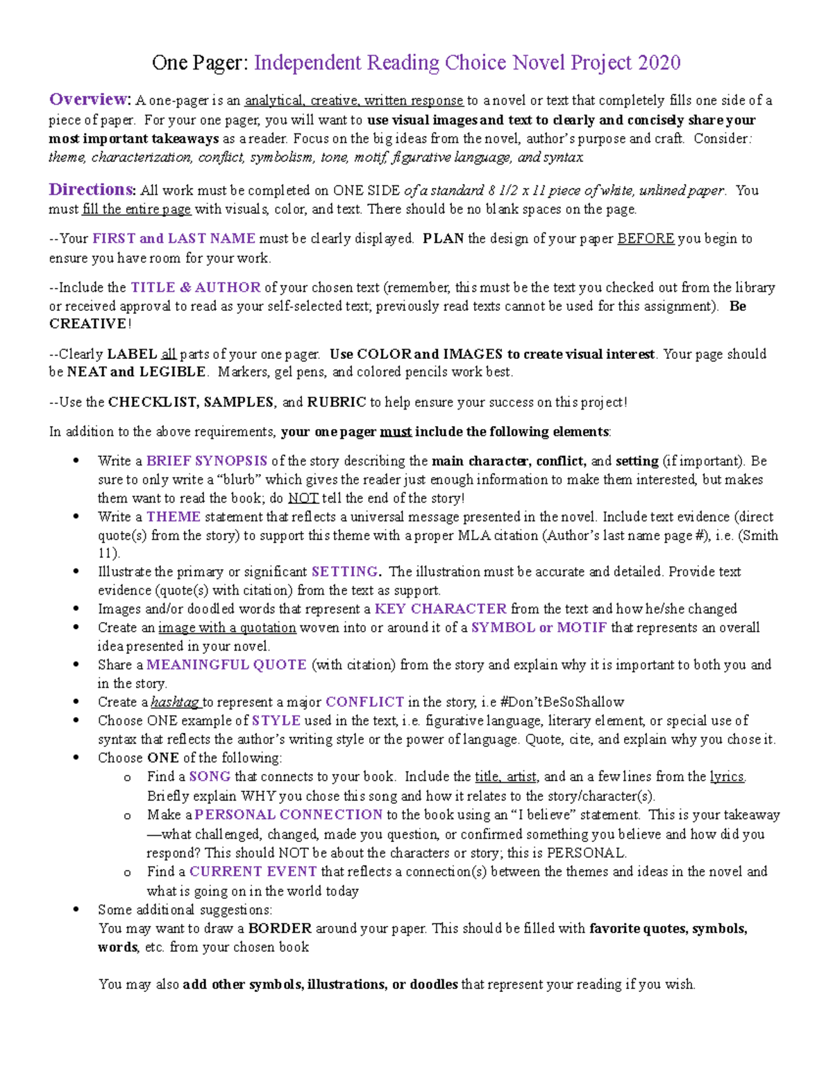 One pager Independent Reading 2020 KC - One Pager: Independent Reading ...