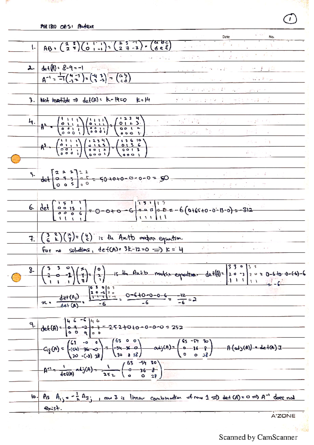 MH1810 OA 3 Solns Matrices - MA2006 - Scanned by CamScanner Scanned by CamScanner - Studocu