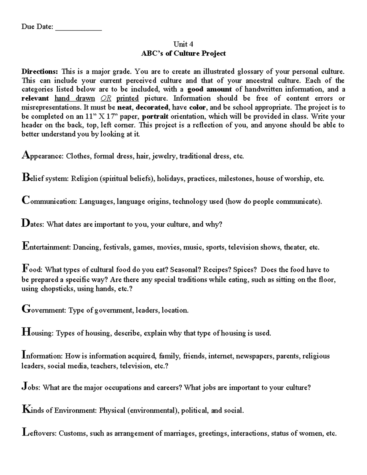 ABCs+of+Culture+Project+and+Rubric - Due Date: ____________ Unit 4 ABC ...