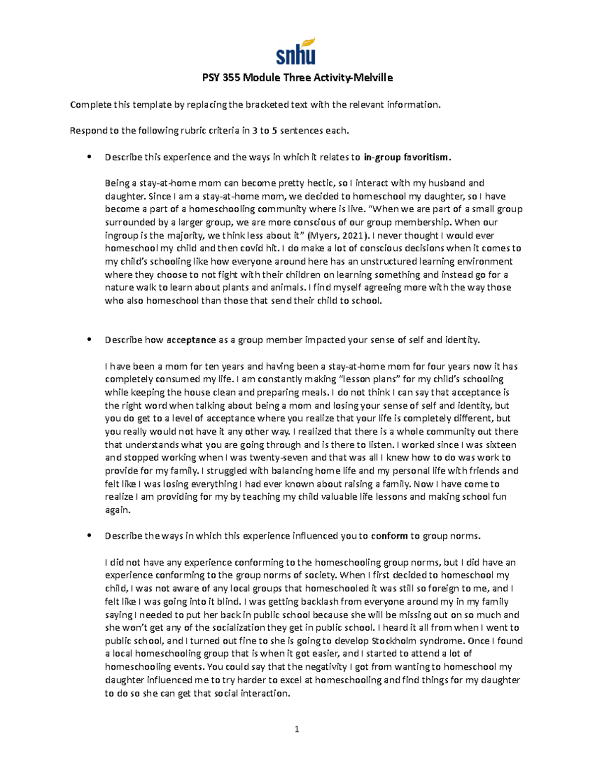 PSY 355 Module Three Activity-Melville - PSY 355 Module Three Ac琀椀vity ...