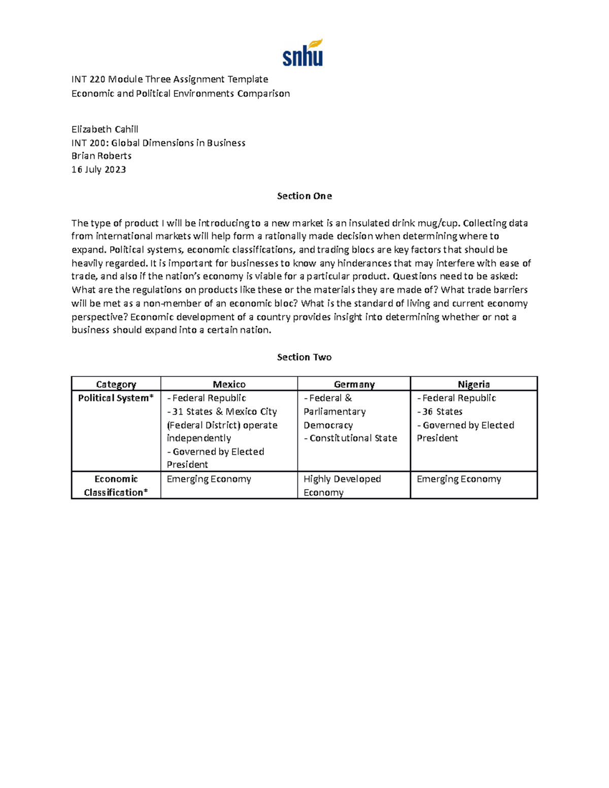 Mod3Assignment - Module 3 Economic and Political Environments ...