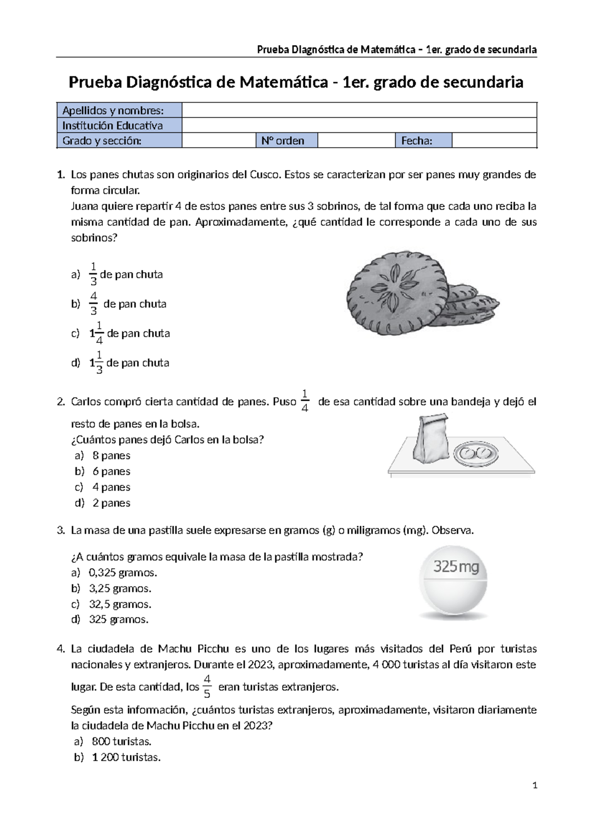 Prueba de evaluación de conocimientos - Prueba Diagnóstica de Matemática - 1er. grado de ...