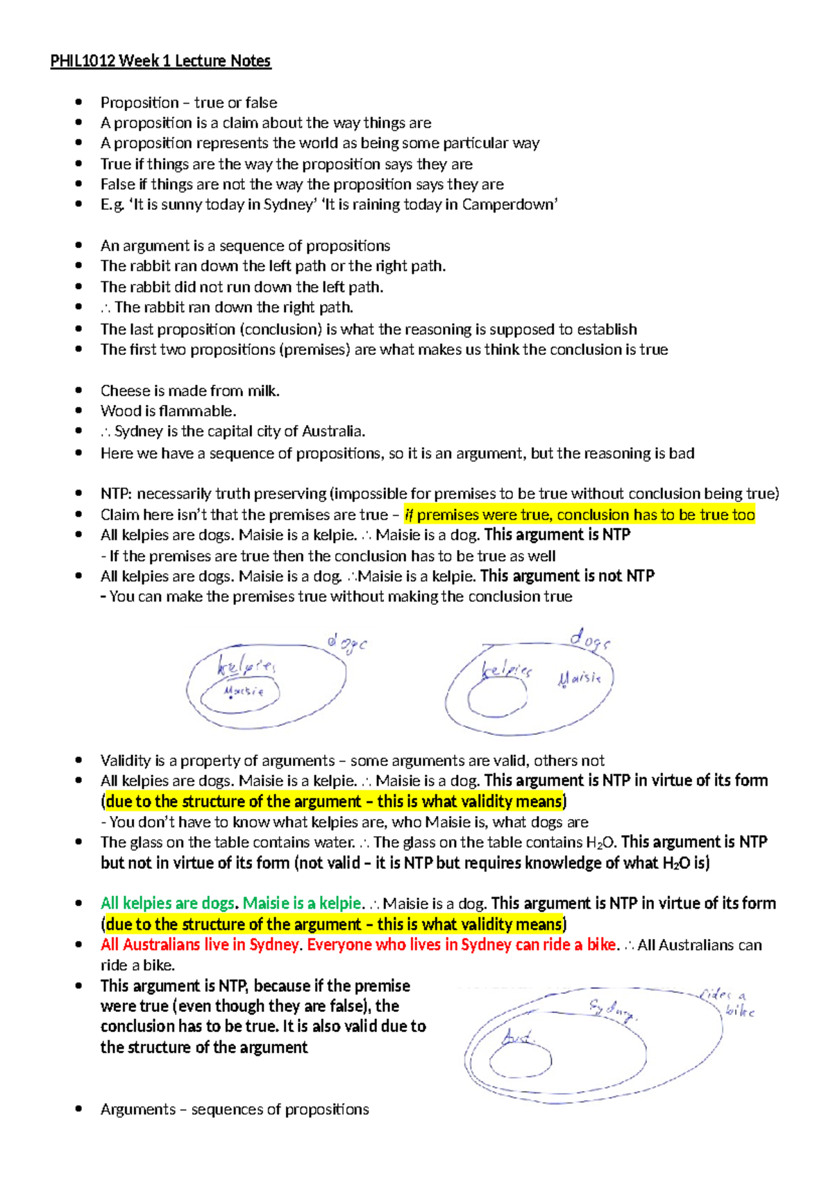 Week 1 Lectures Lecture Notes Phil1012 Week 1 Lecture Notes Proposition True Or False A