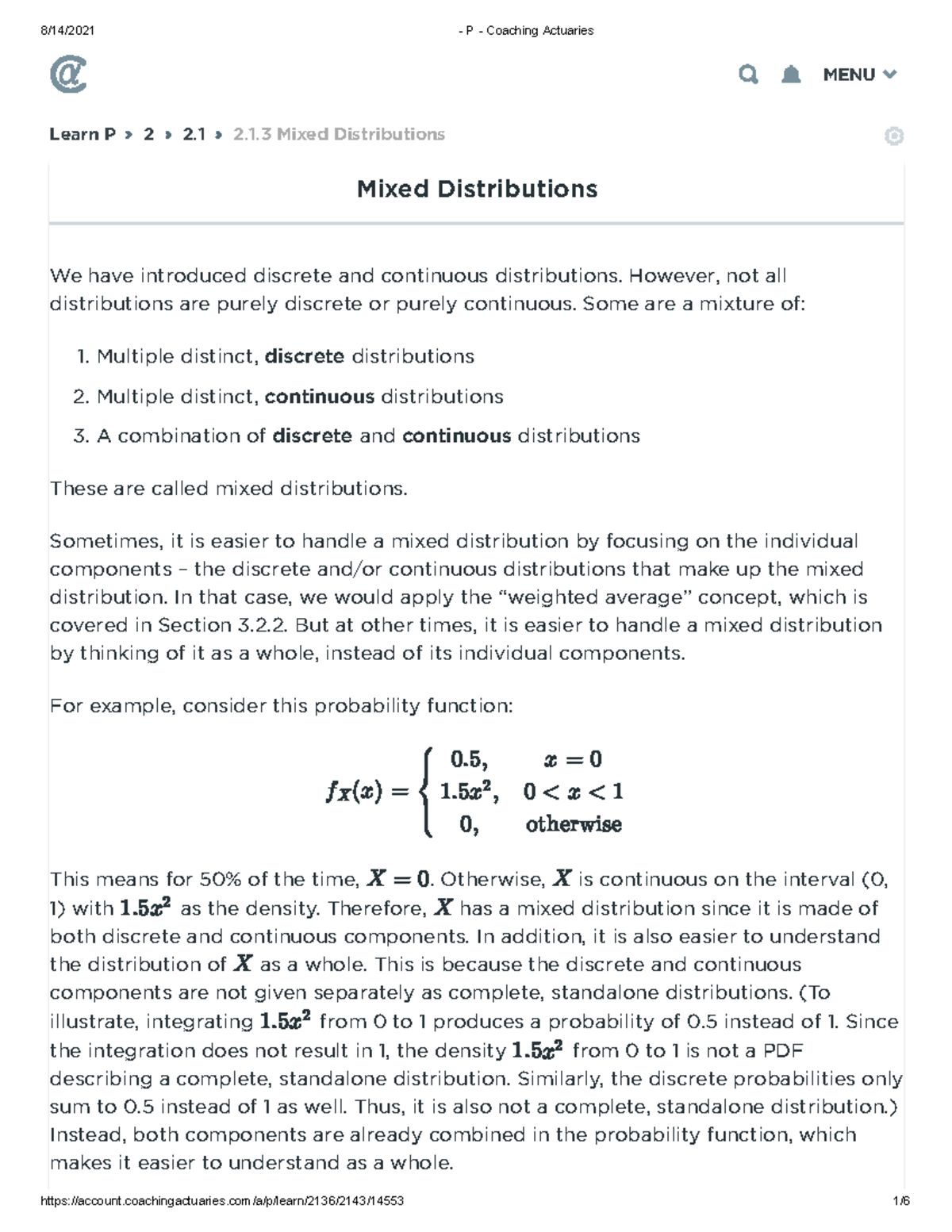 - P - Coaching Actuaries 4 - Learn P 2 2. 1 2. 1. 3 Mixed Distributions ...