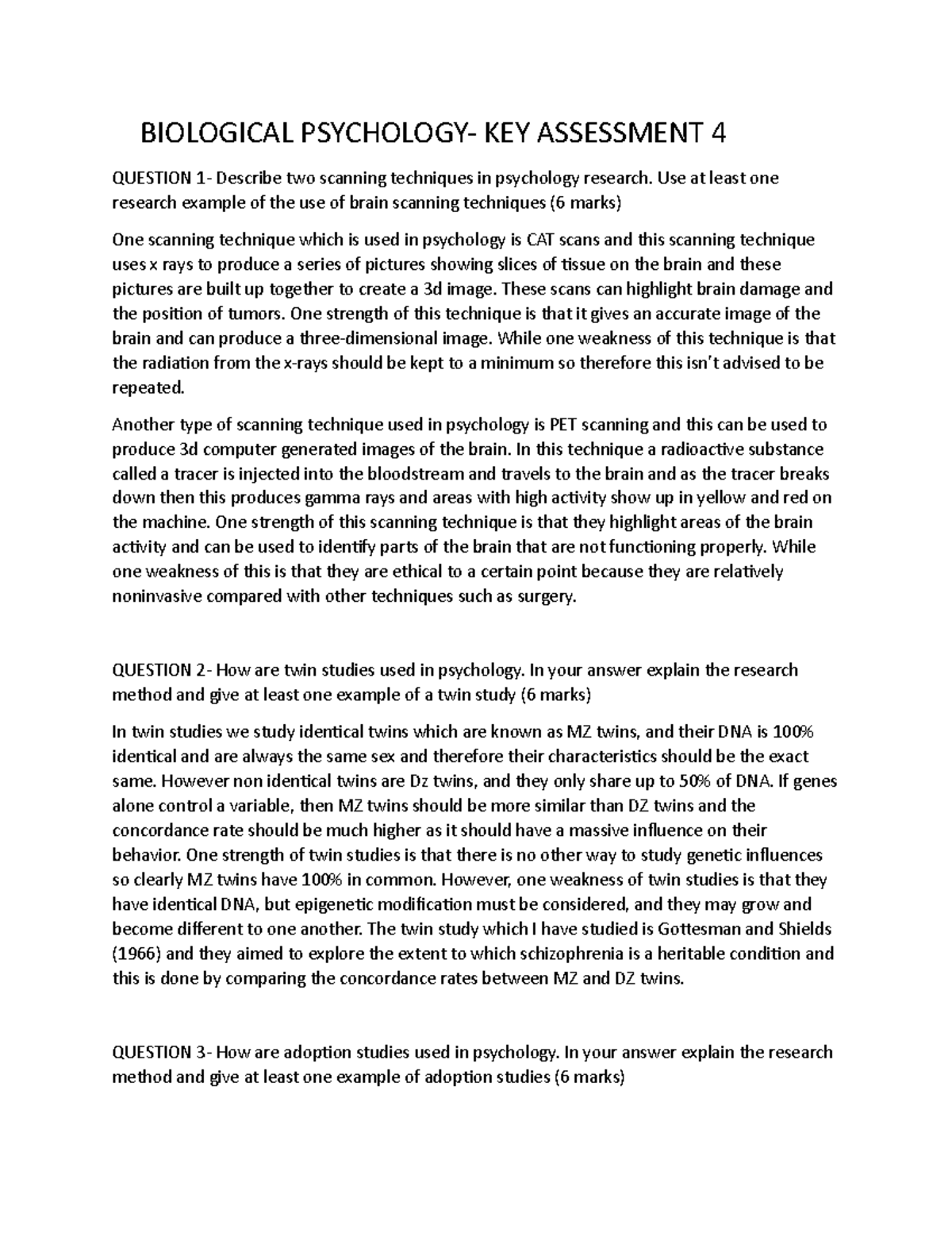 Biological key assessment 4 - BIOLOGICAL PSYCHOLOGY- KEY ASSESSMENT 4 ...