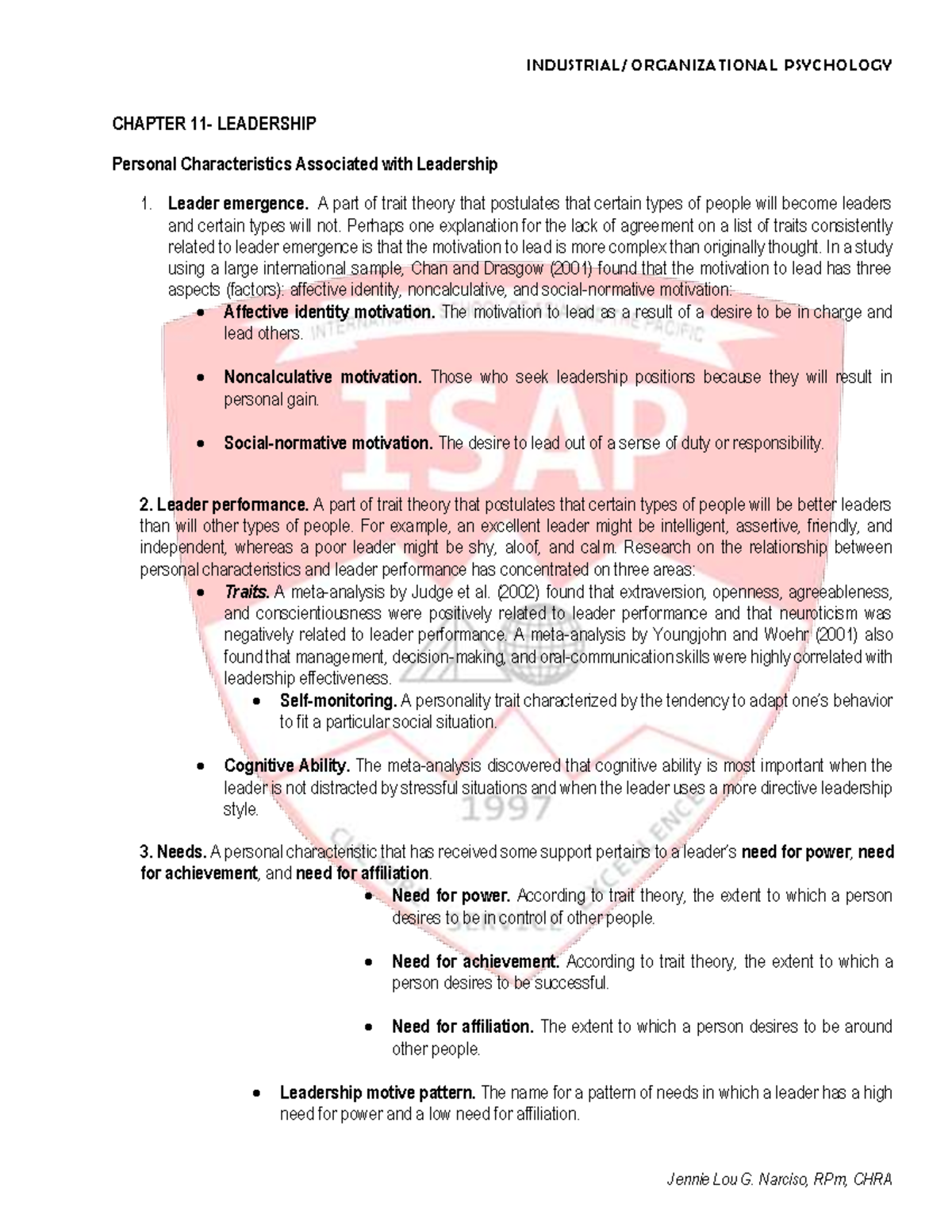 Industrial- Organizational Psychology Chapter 11 Leadership - CHAPTER ...