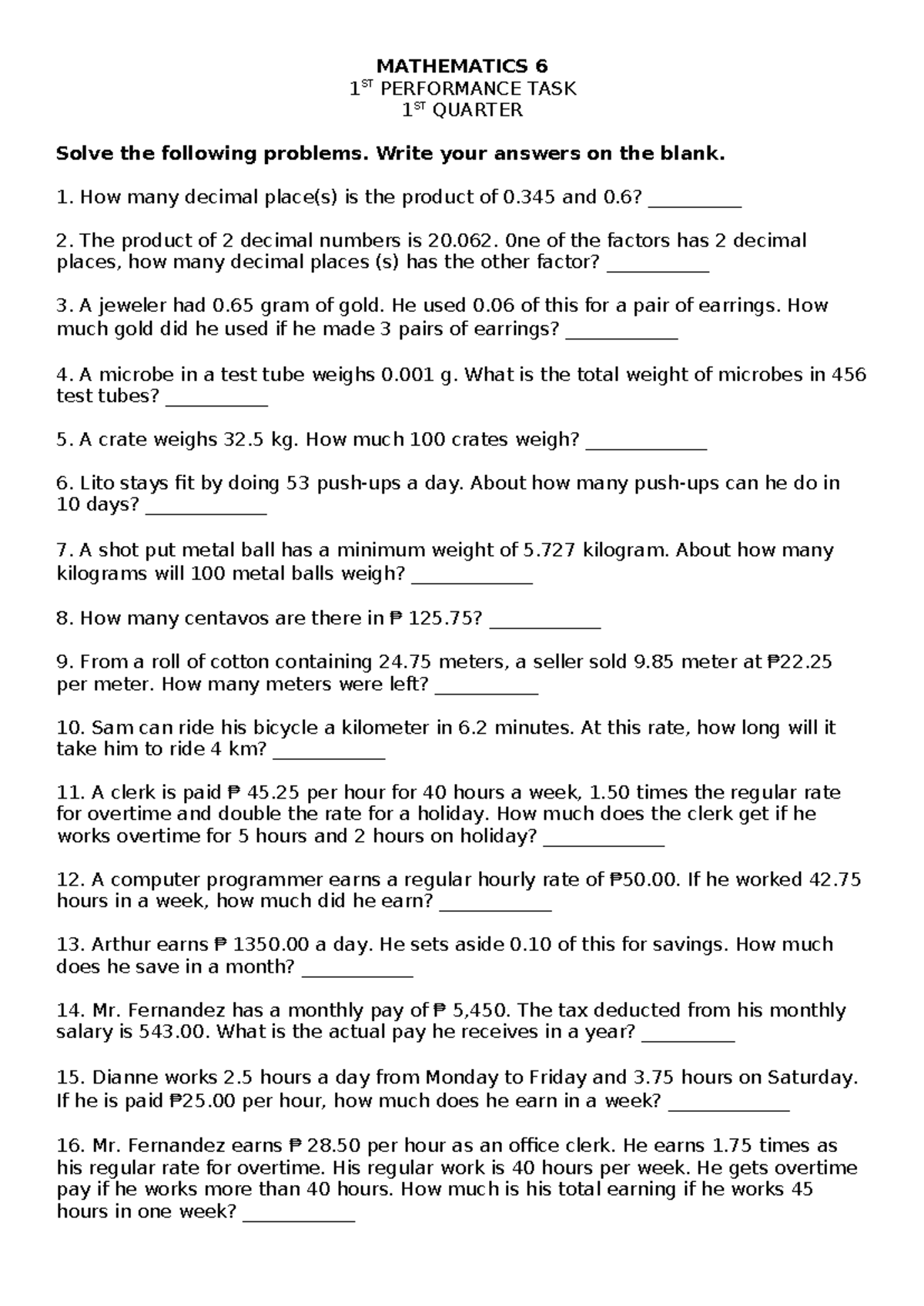 1ST Quarter - 2nd Performance TASK - MATHEMATICS 6 1 ST PERFORMANCE TASK 1 ST QUARTER Solve the ...