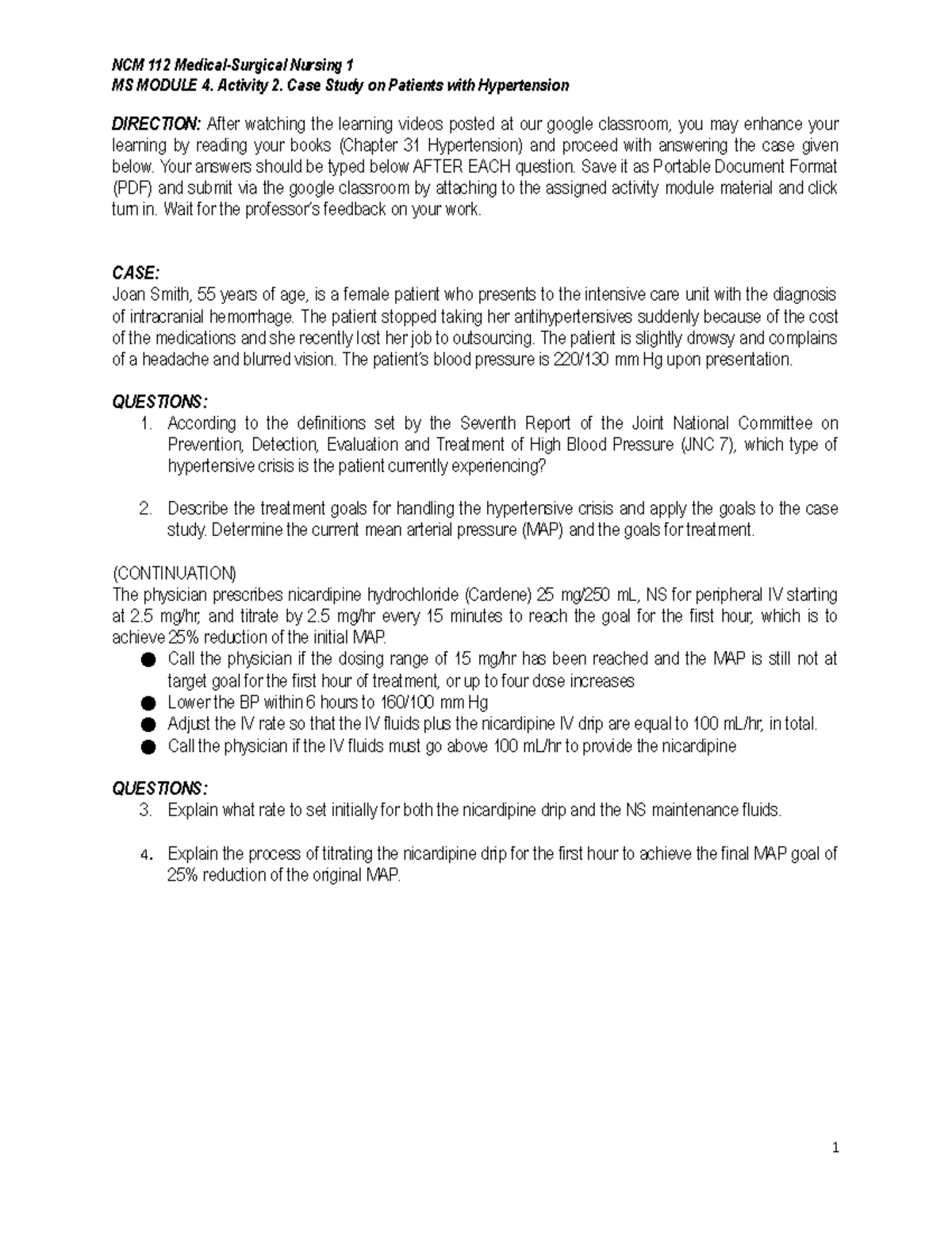 MS Module 4. Activity 2. Case Study on Patients with Hypertension - NCM ...