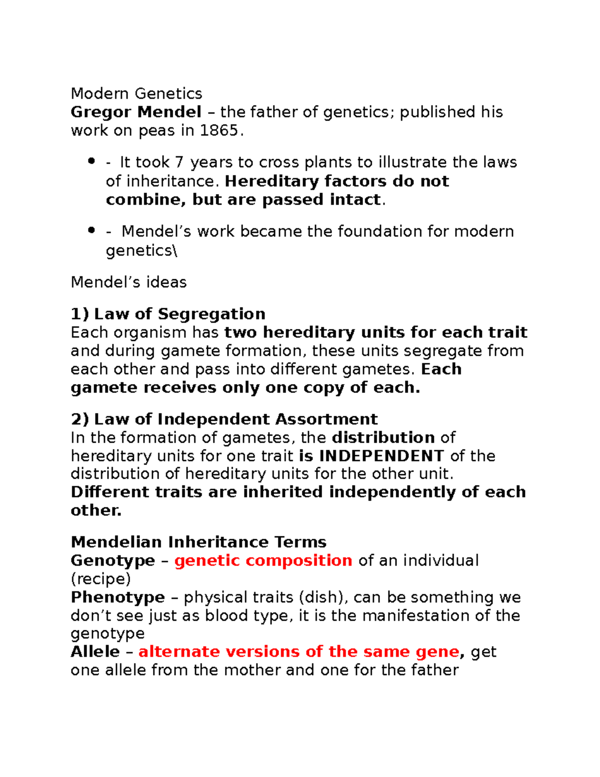 Biology 9 - BIO 120 - Modern Genetics Gregor Mendel – the father of ...