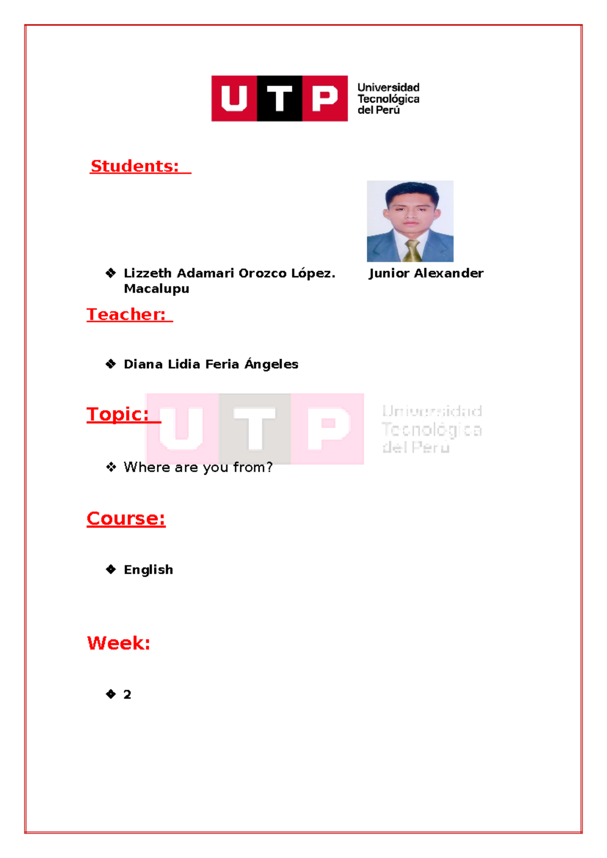 Week 2 Task Assignment Where are you from - Ingles - UTP - Studocu