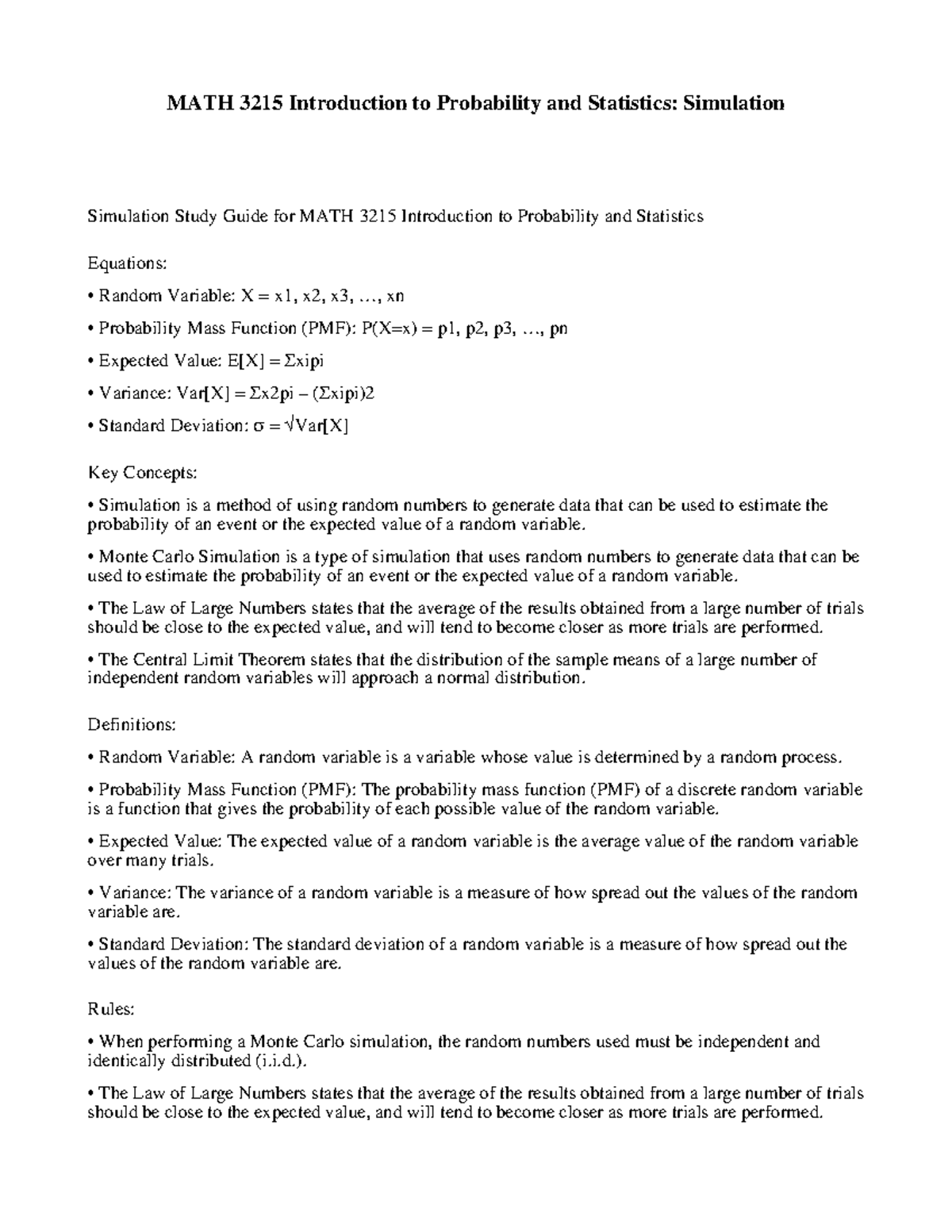 MATH 3215 Introduction to Probability and Statistics - Simulation ...