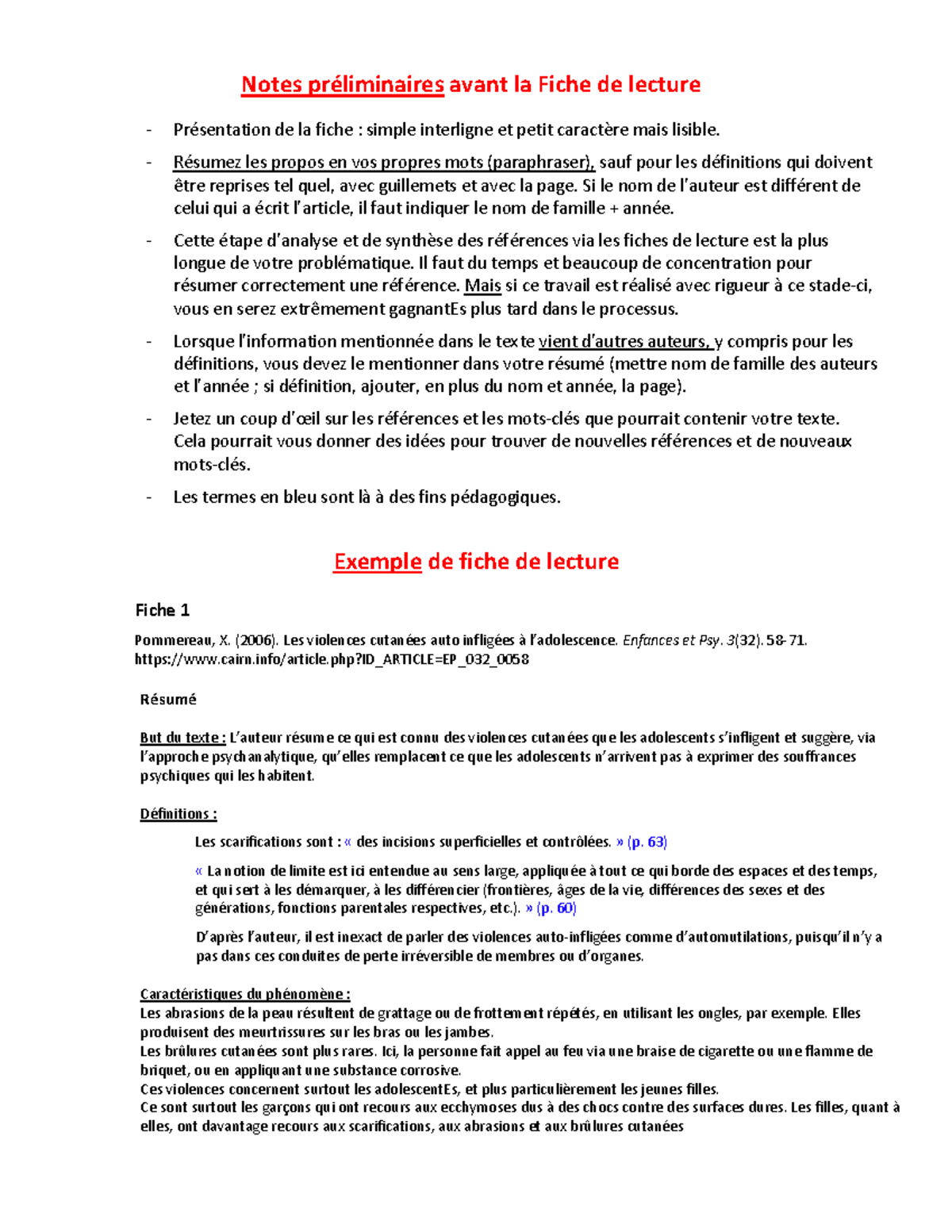 Ex fiche lecture DISH - Notes préliminaires avant la Fiche de lecture ...