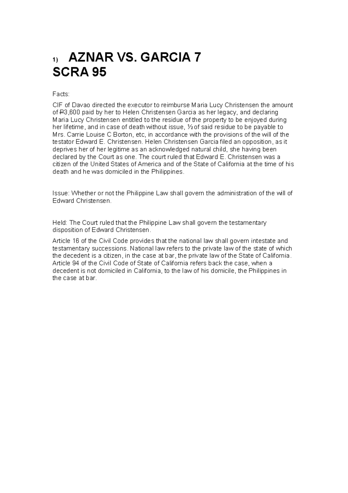 1) Aznar VS. Garcia 7 SCRA 95 - 1) AZNAR VS. GARCIA 7 SCRA 95 Facts ...