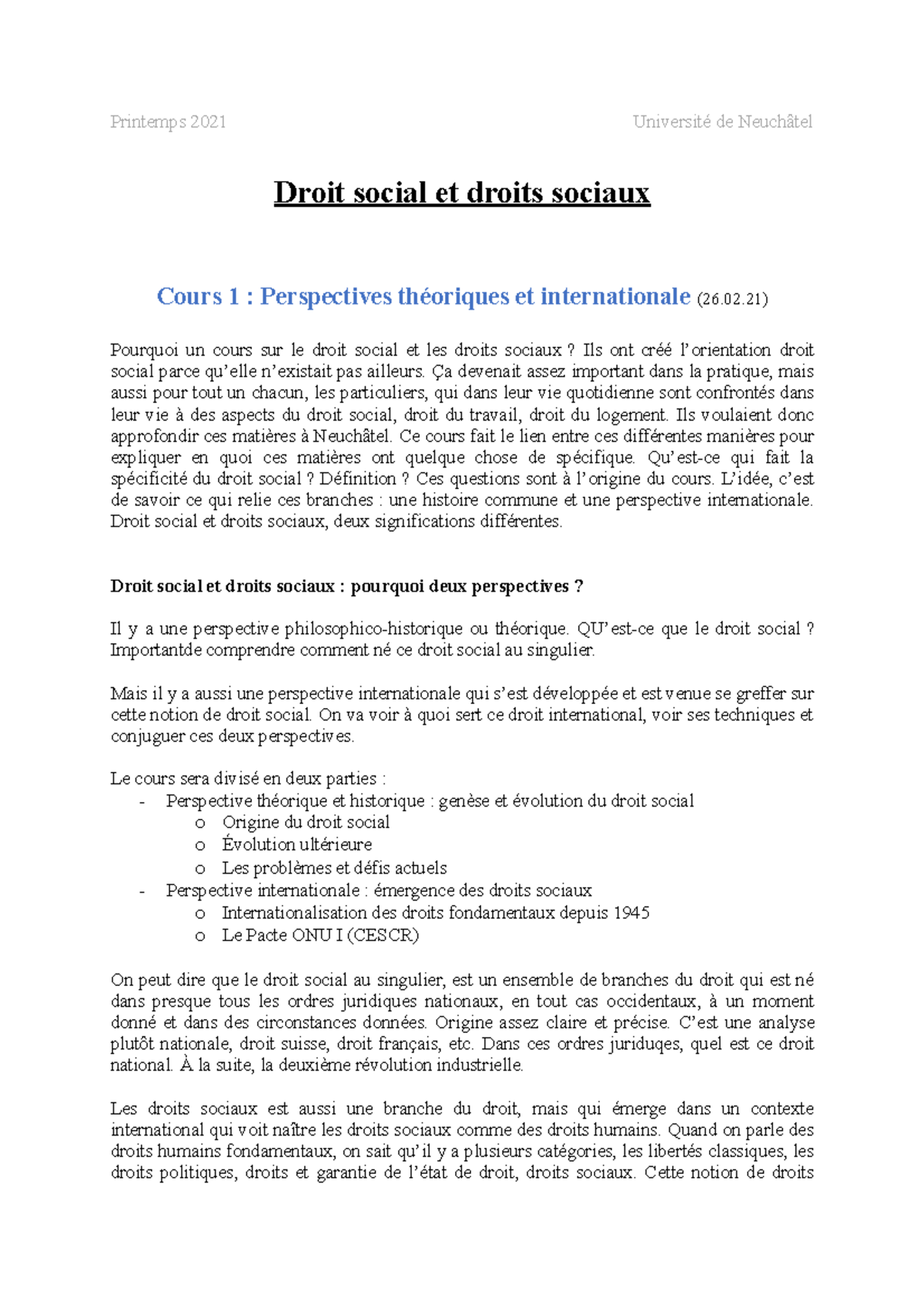 Droit social - Professeur MAHON - Printemps 2021 Université de ...