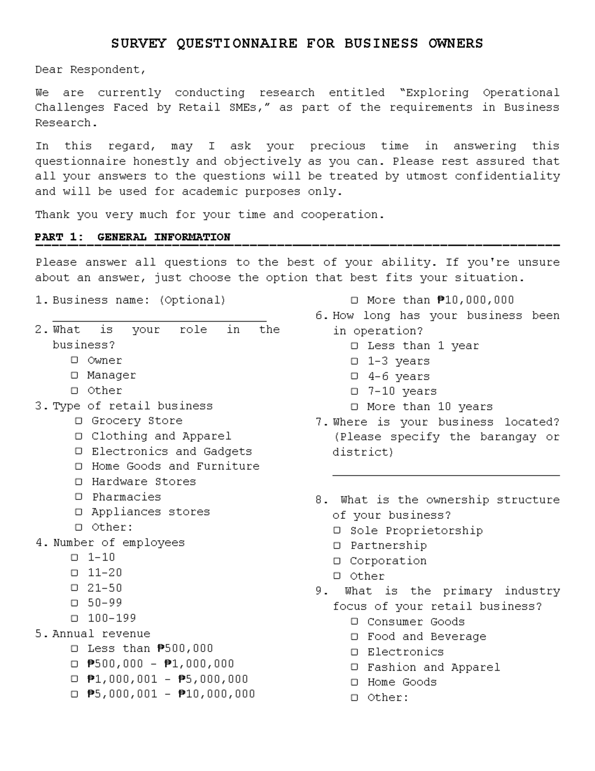 Survey Questionnaire FOR Business Owners - SURVEY QUESTIONNAIRE FOR ...