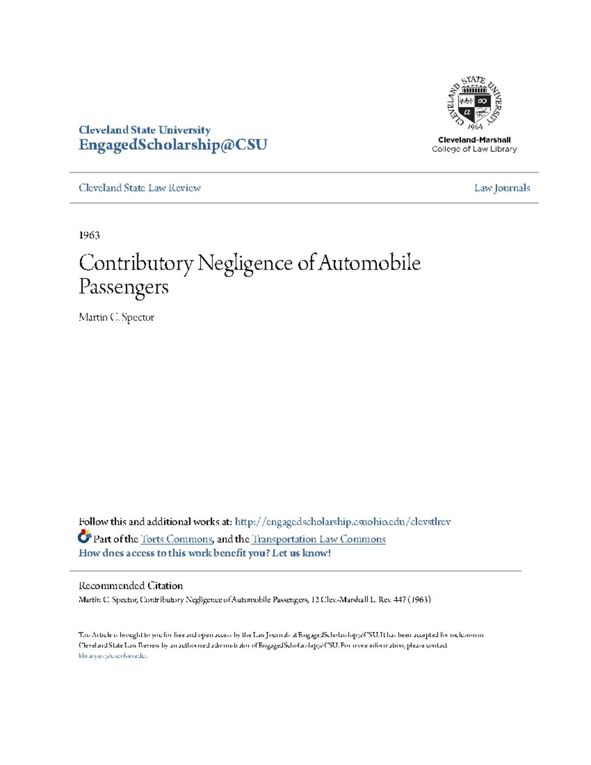 Contributory Negligence of Automobile Passengers - Cleveland State ...