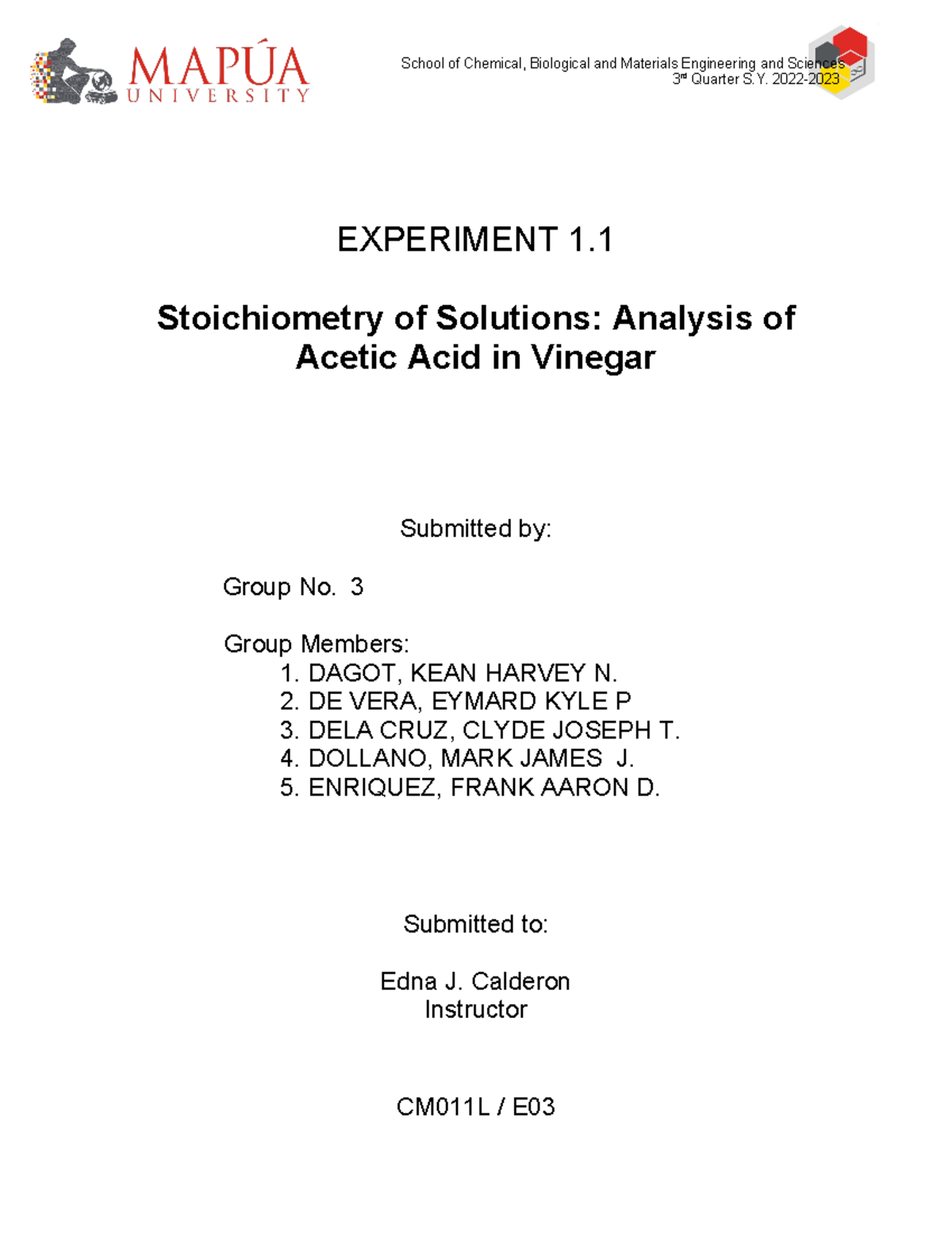 Experiment 1 - 3 rd Quarter S. 2022- EXPERIMENT 1. Stoichiometry of Solutions: Analysis of ...