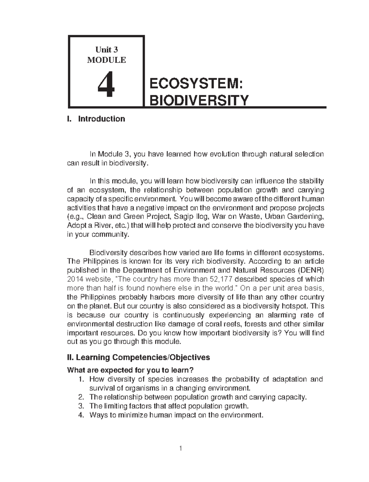 Sci10 Mod4 Biodiversity - ####### I. Introduction ECOSYSTEM ...