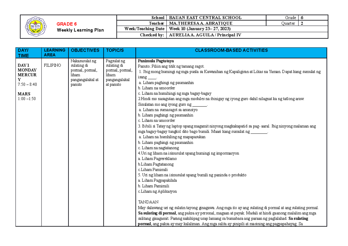 WLP Filipinoq 2-VI WEEK-10 - GRADE 6 Weekly Learning Plan School BAUAN ...