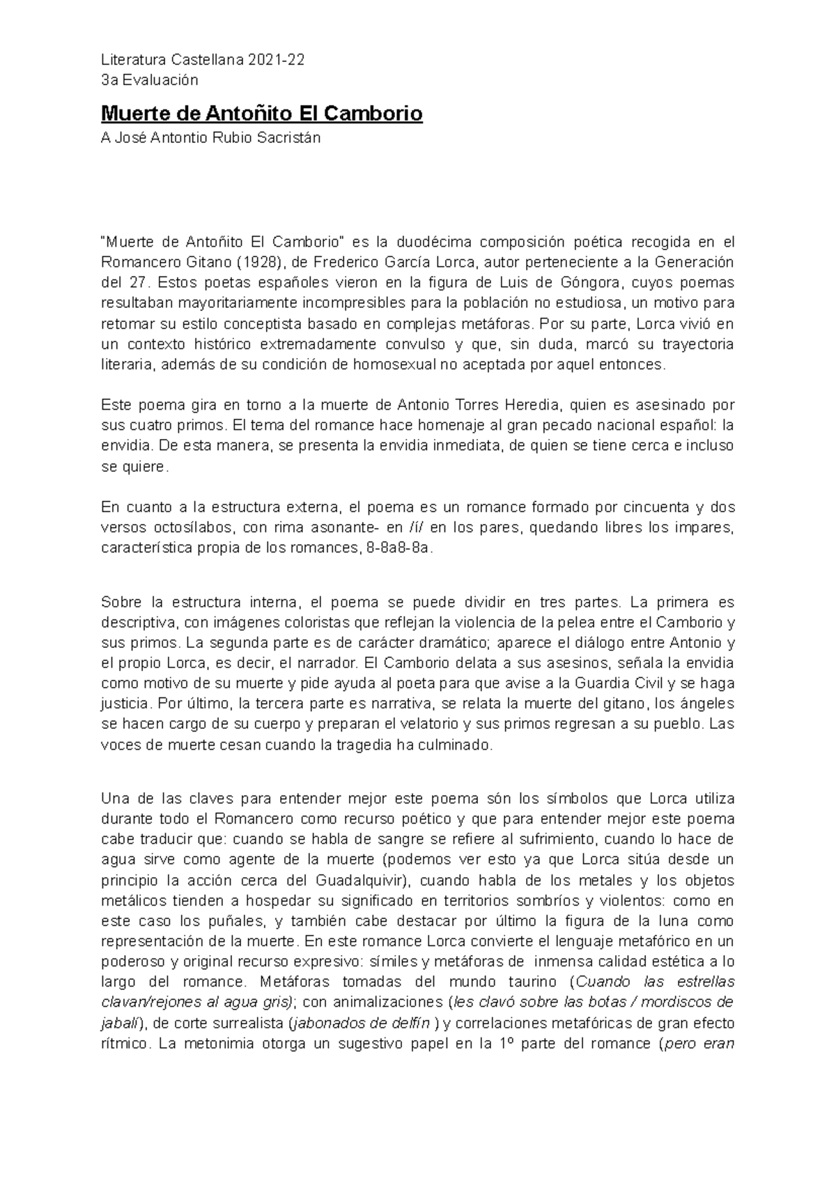 Comentario del poema Muerte de Antoñito El Camborio selectividad ...