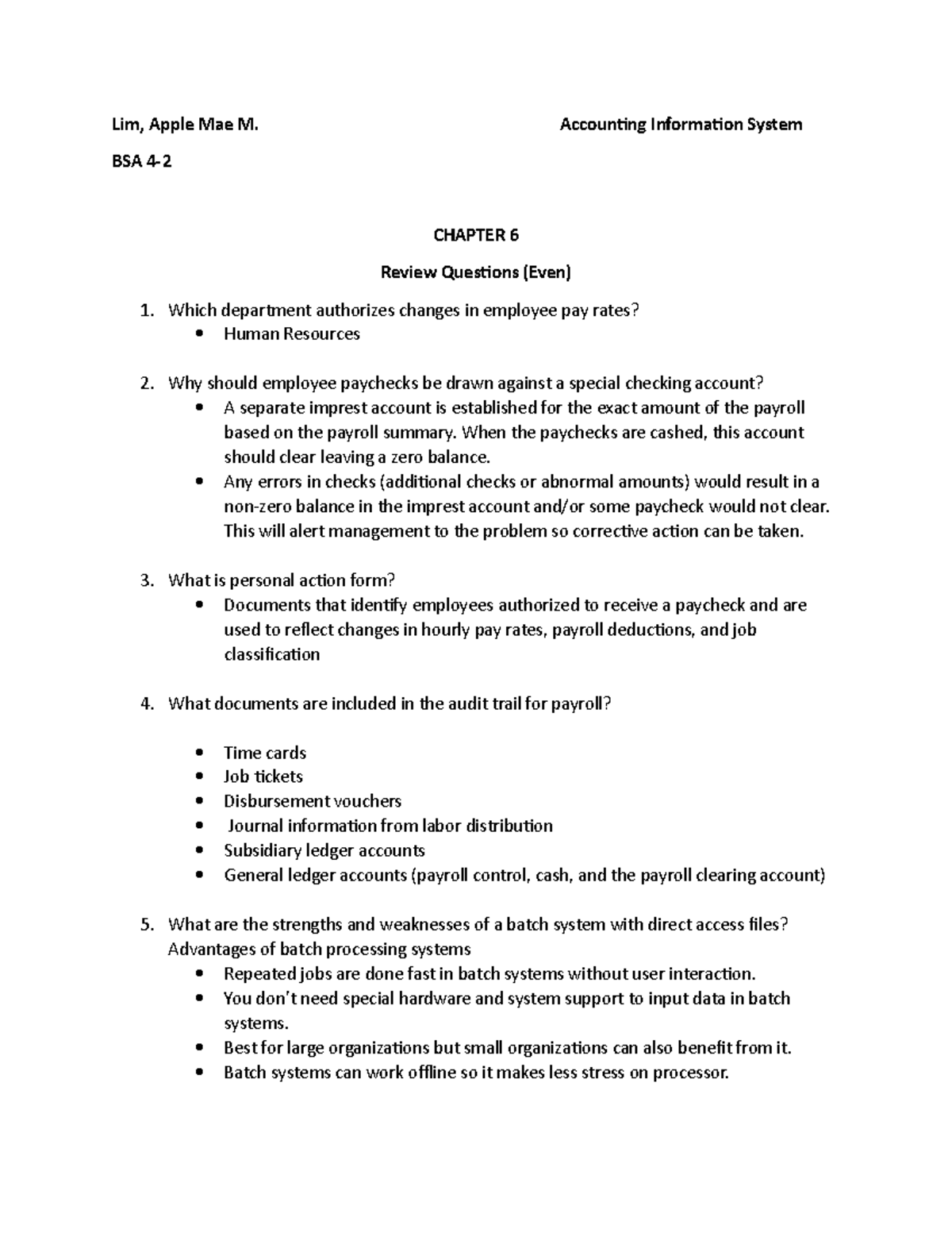 AIS James Hall 7th Edition Chapter 6 - Lim, Apple Mae M. Accouning ...