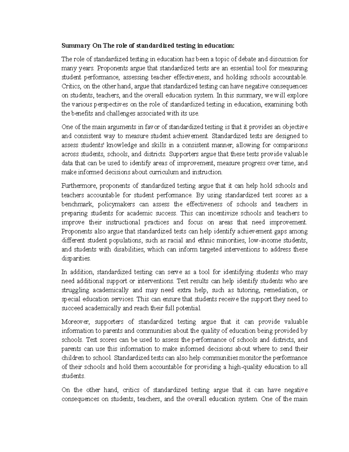 Summary on The role of standardized testing in education - Proponents ...